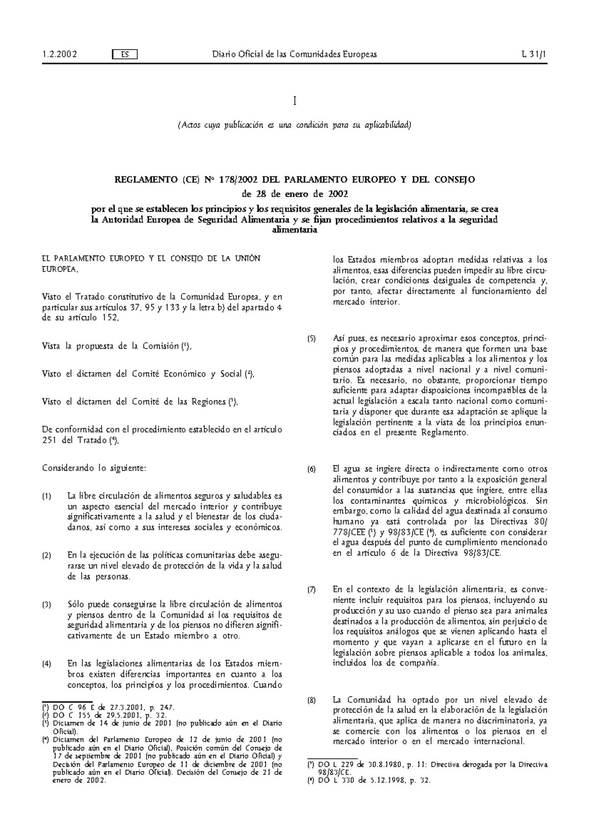 Reglamento CE 178-2002 Ppios y Req Grales de Legislacion Alimentaria - 1.2 Diario Oficial de las ...