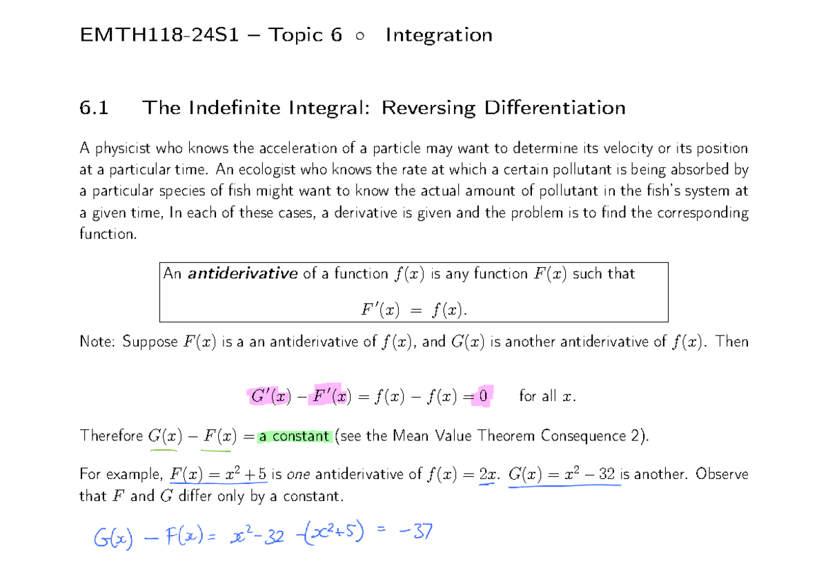 Annotated Integration 24S1 Lecture 1 to 3 - EMTH118-24S1 – Topic 6 Integration 6 The Indefinite ...
