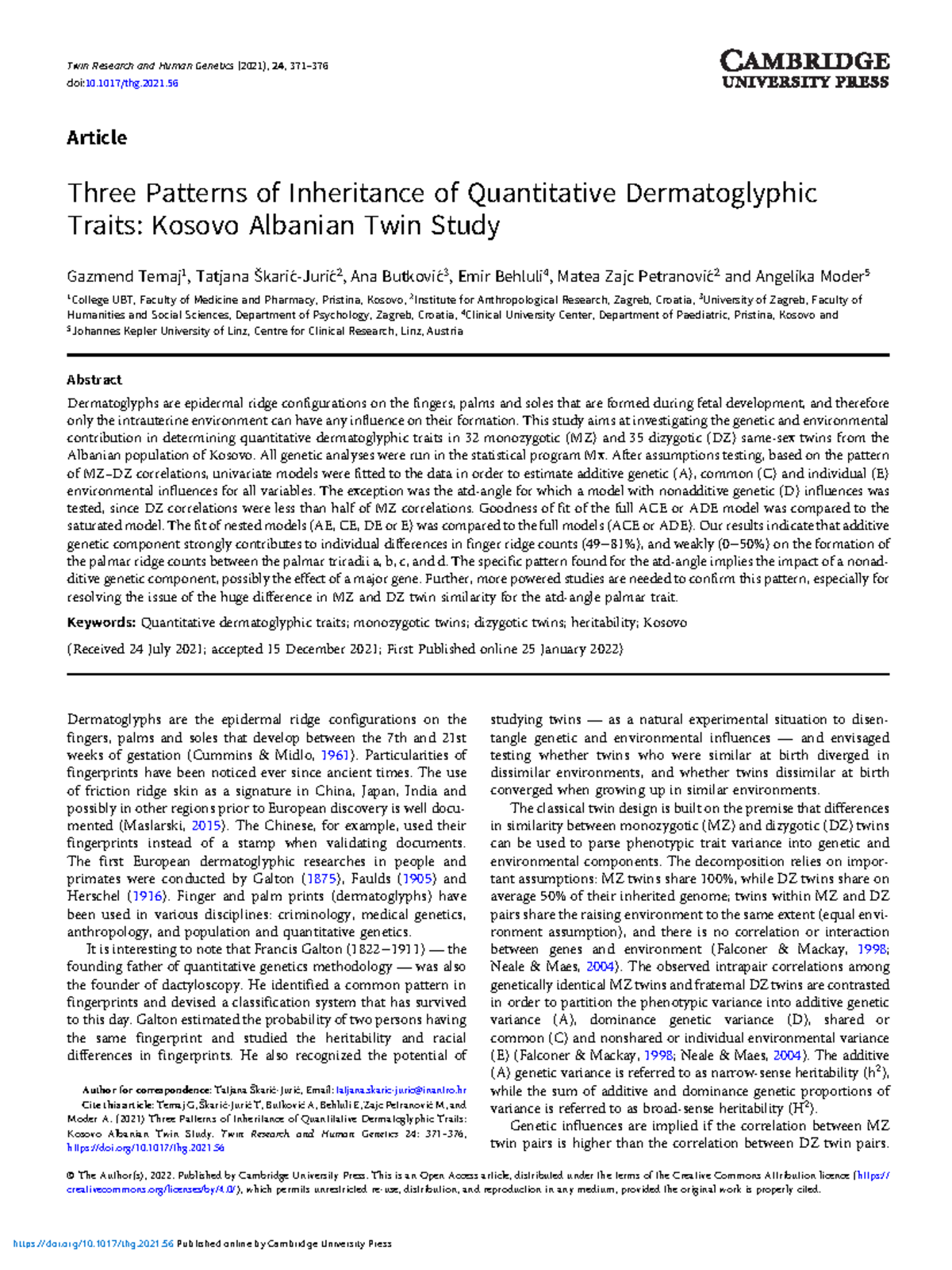 Three patterns of inheritance of quantitative dermatoglyphic traits ...