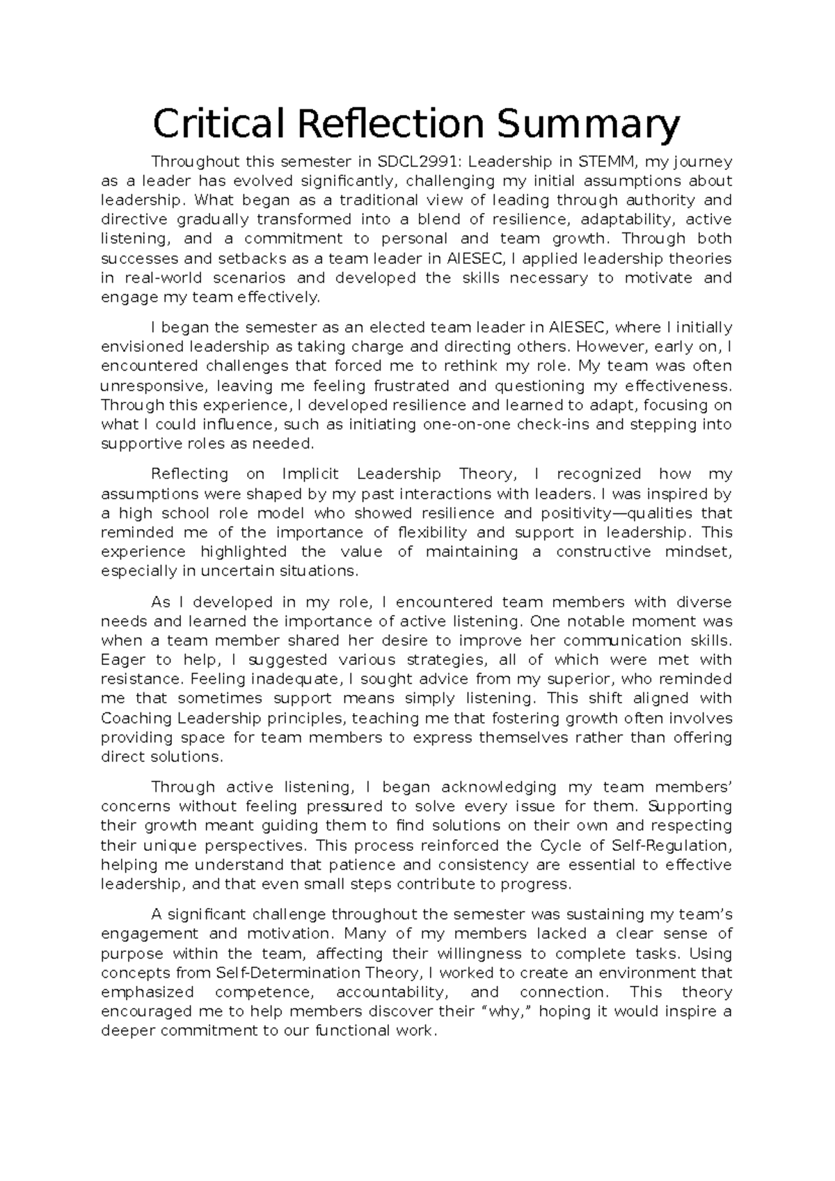 Critical Reflection Summary - Critical Reflection Summary Throughout ...