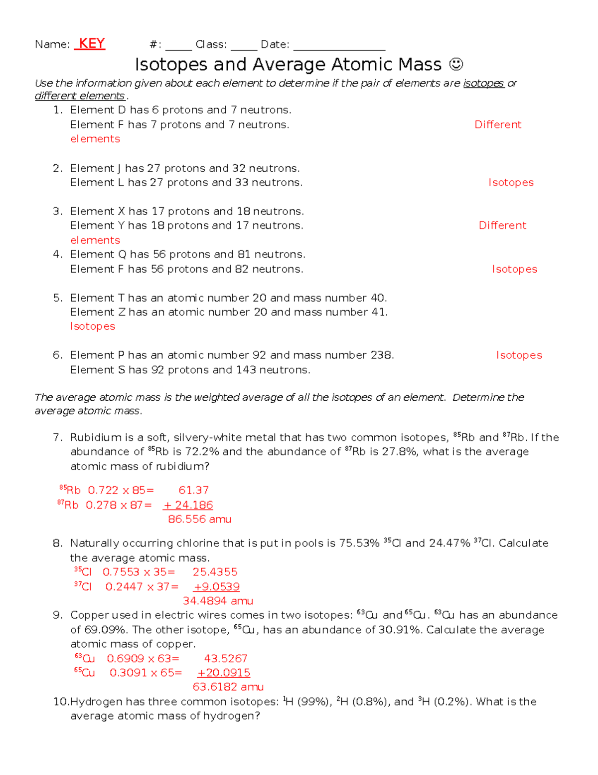 Isotopes and Avg Atomic Mass Practice KEY - Name: KEY #: _____ Class ...