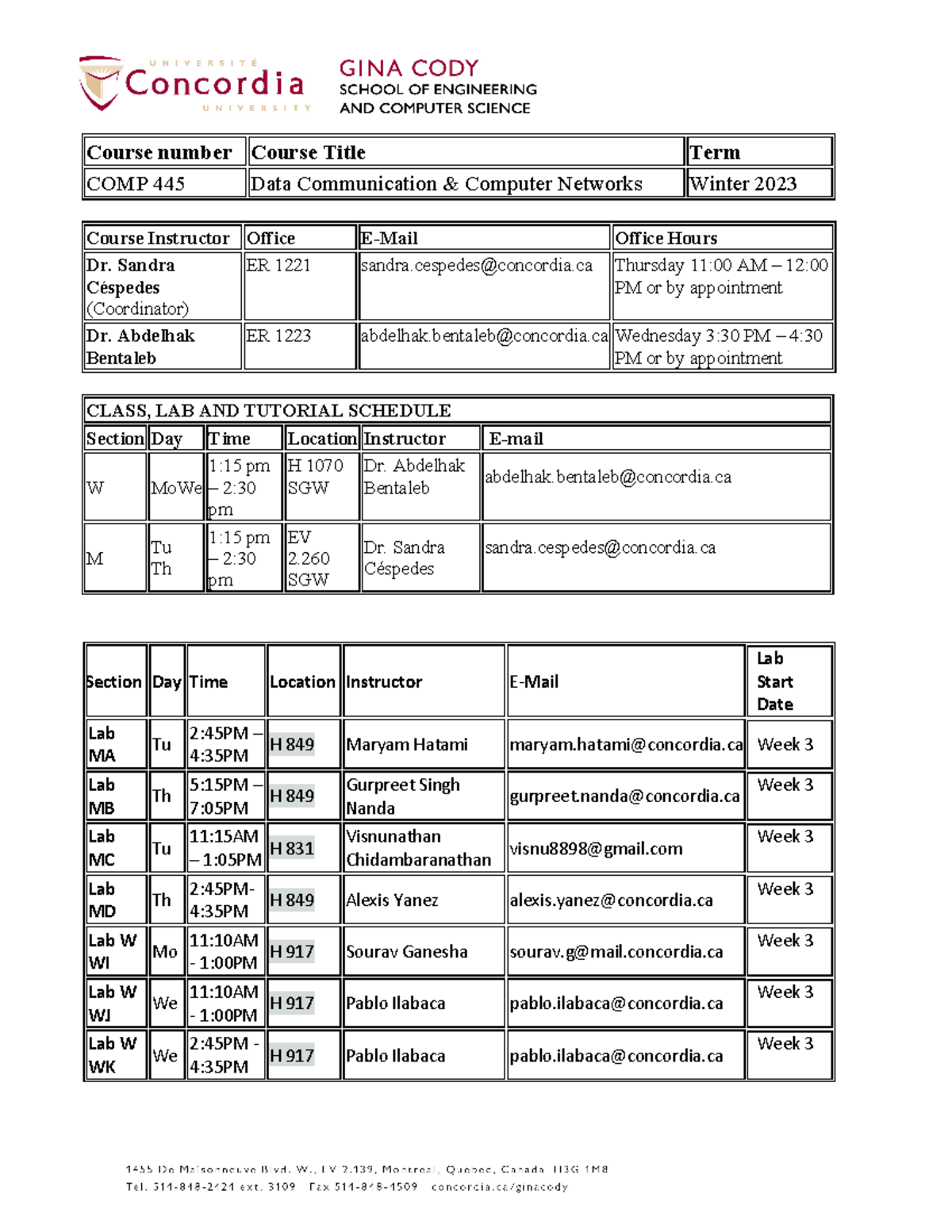 COMP445 Outline W23 vf - Course number Course Title Term COMP 445 Data Communication & Computer ...