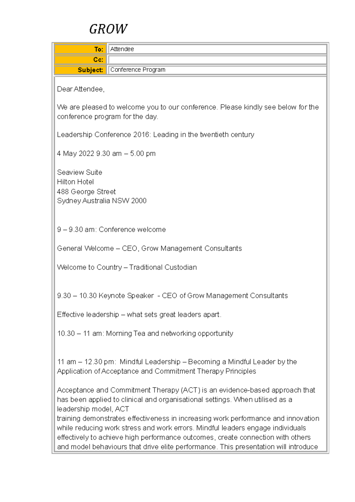 Fianl Email with Conference Program - To: Attendee Cc: Subject ...