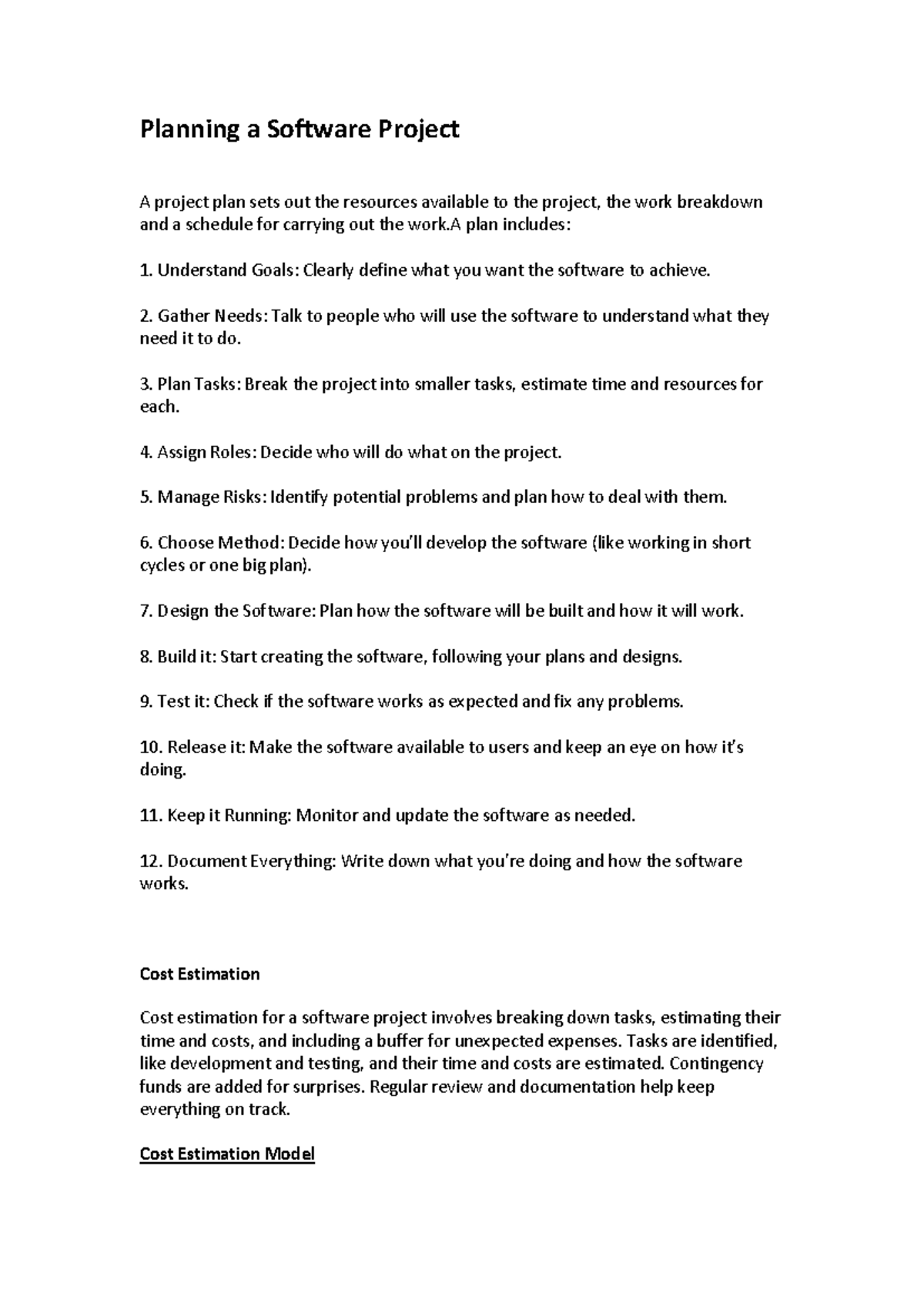 Software-Engineering-UNIT3 - Planning a Software Project A project plan sets out the resources ...