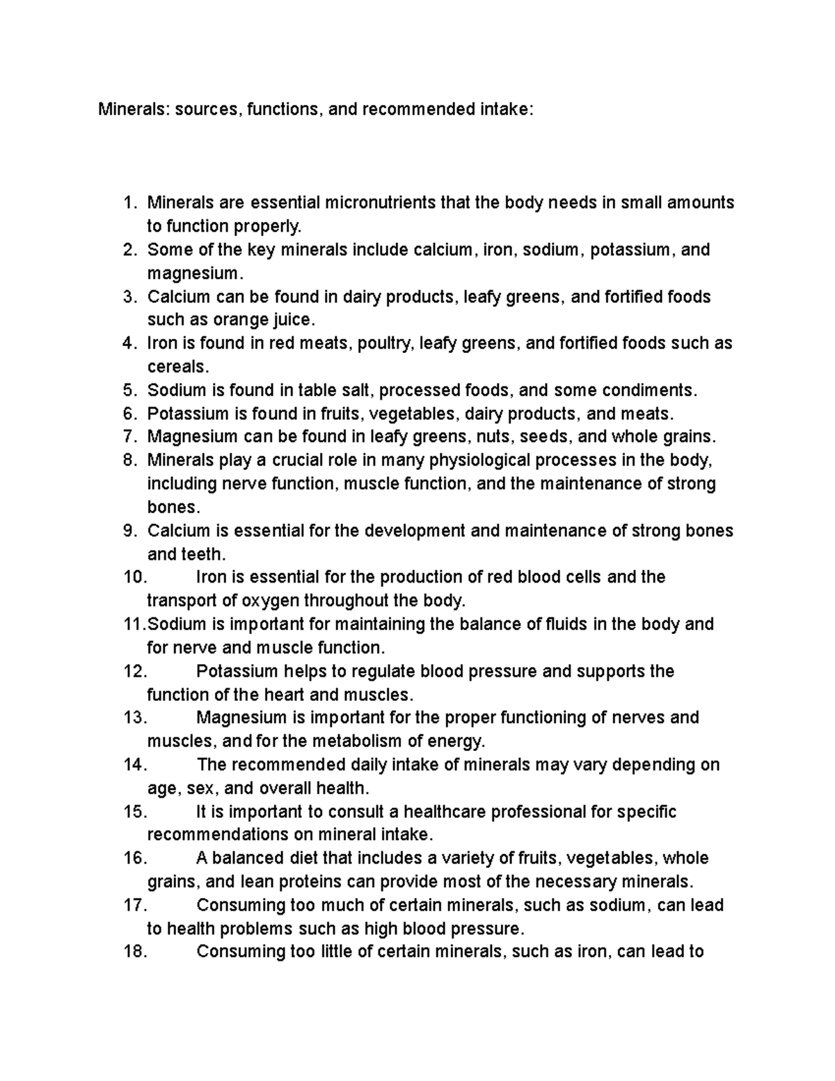 Minerals sources, functions, and recommended intake - Minerals: sources ...
