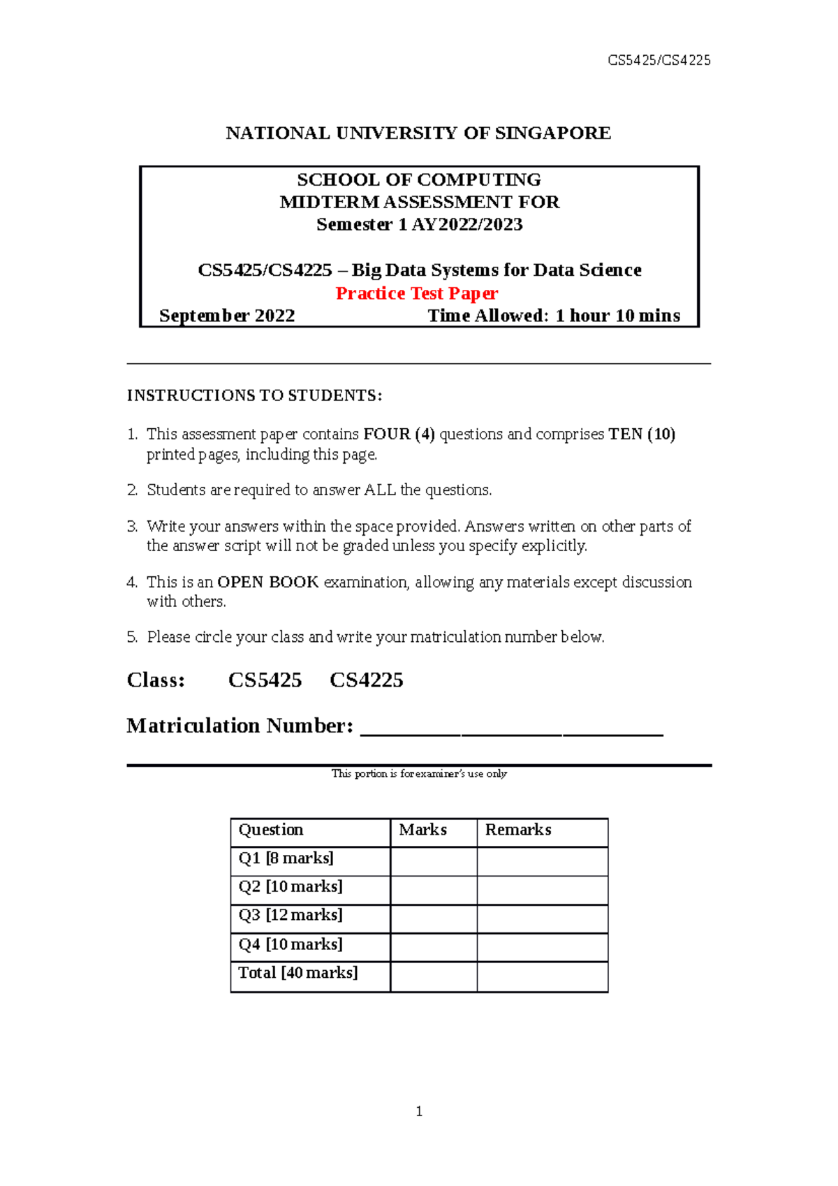 22/23 S1 Practice Midterm - NATIONAL UNIVERSITY OF SINGAPORE SCHOOL OF ...