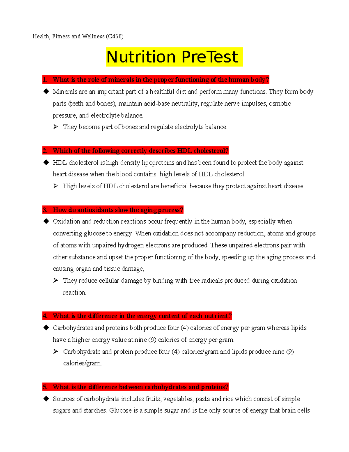 1.1 Nutrition Pre Test before you take the real one - Health, Fitness ...