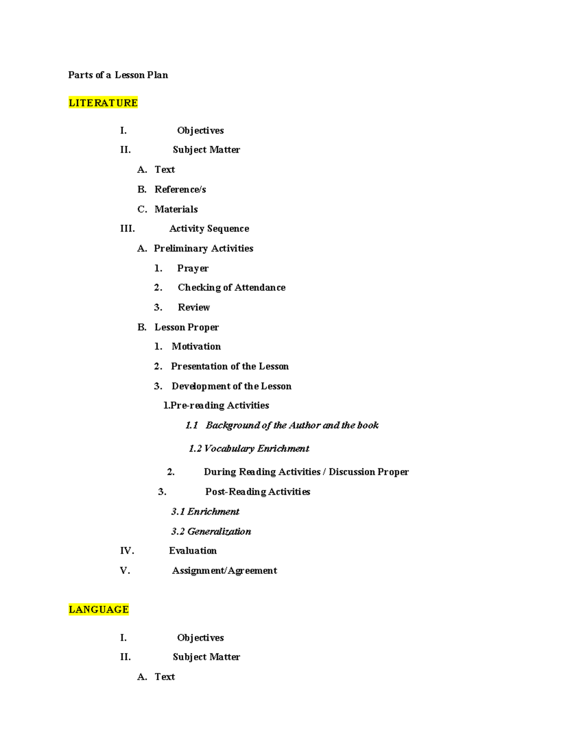 Parts Of A Lesson Plan Parts Of A Lesson Plan LITERATURE I