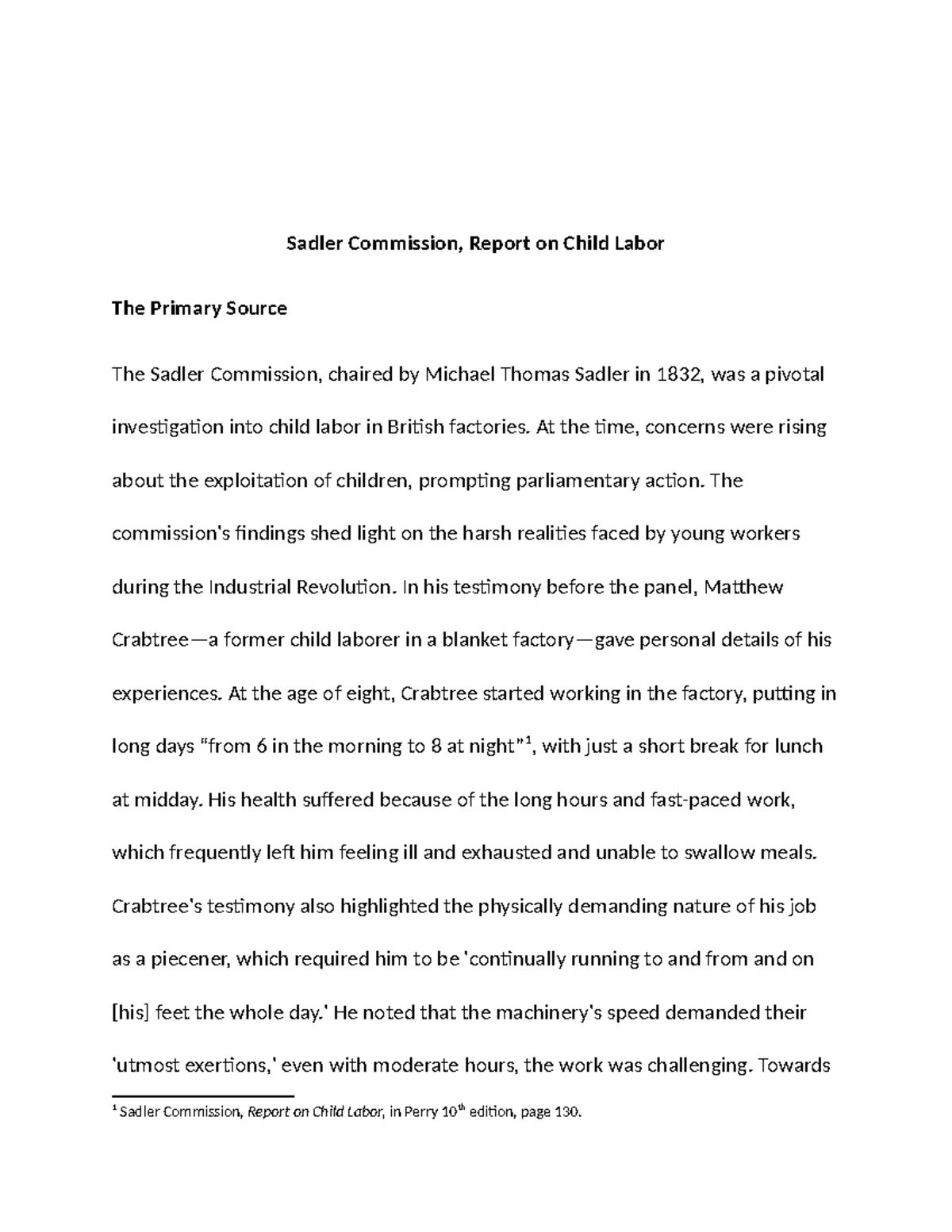 Sadler Commission exercise 5 - Sadler Commission, Report on Child Labor ...