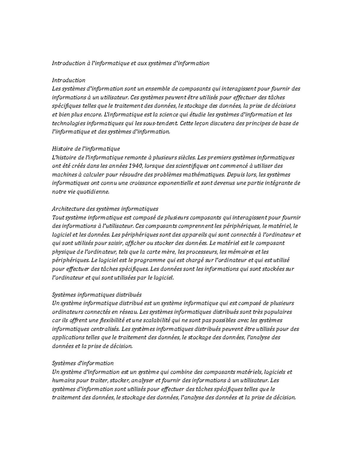 Computer Science and Information Systems Study Notes - Introduction à l ...