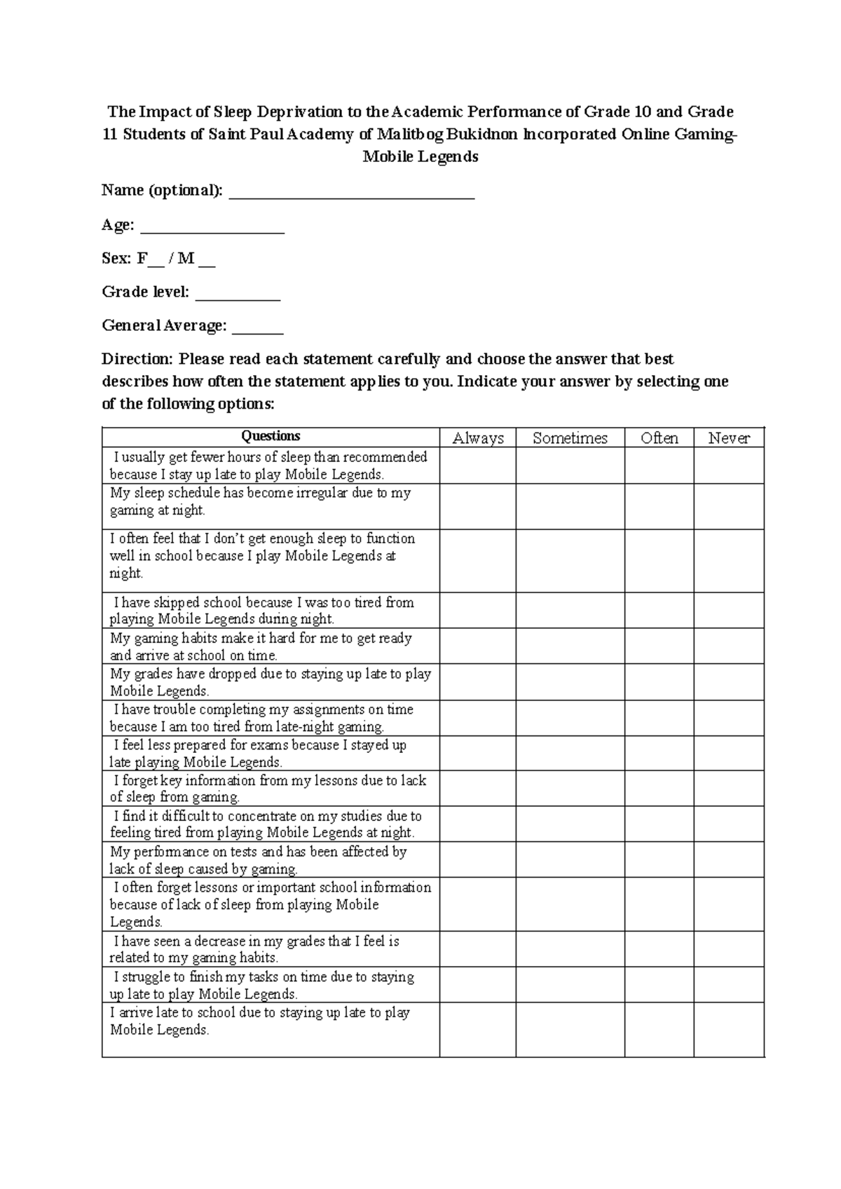 Questionnaire - Notes - The Impact of Sleep Deprivation to the Academic ...