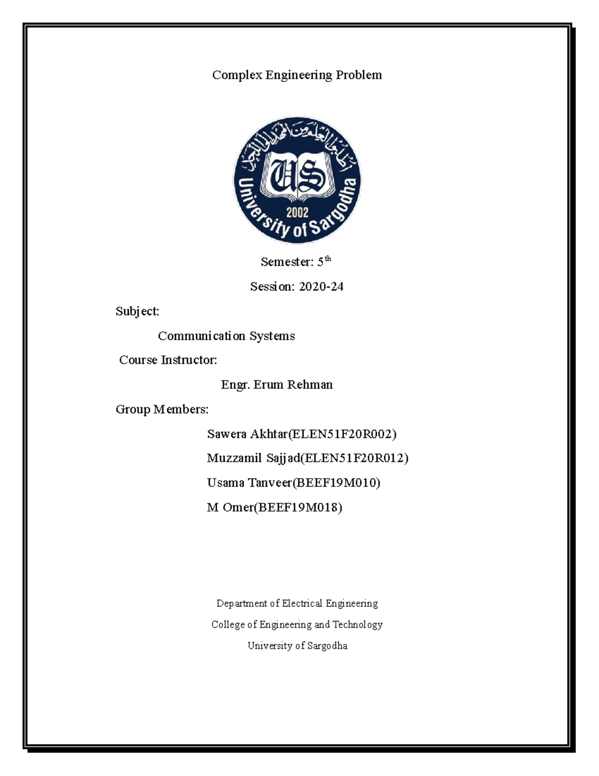 Complex Engineering Problem - Complex Engineering Problem Semester: 5th Session: 2020- Subject ...