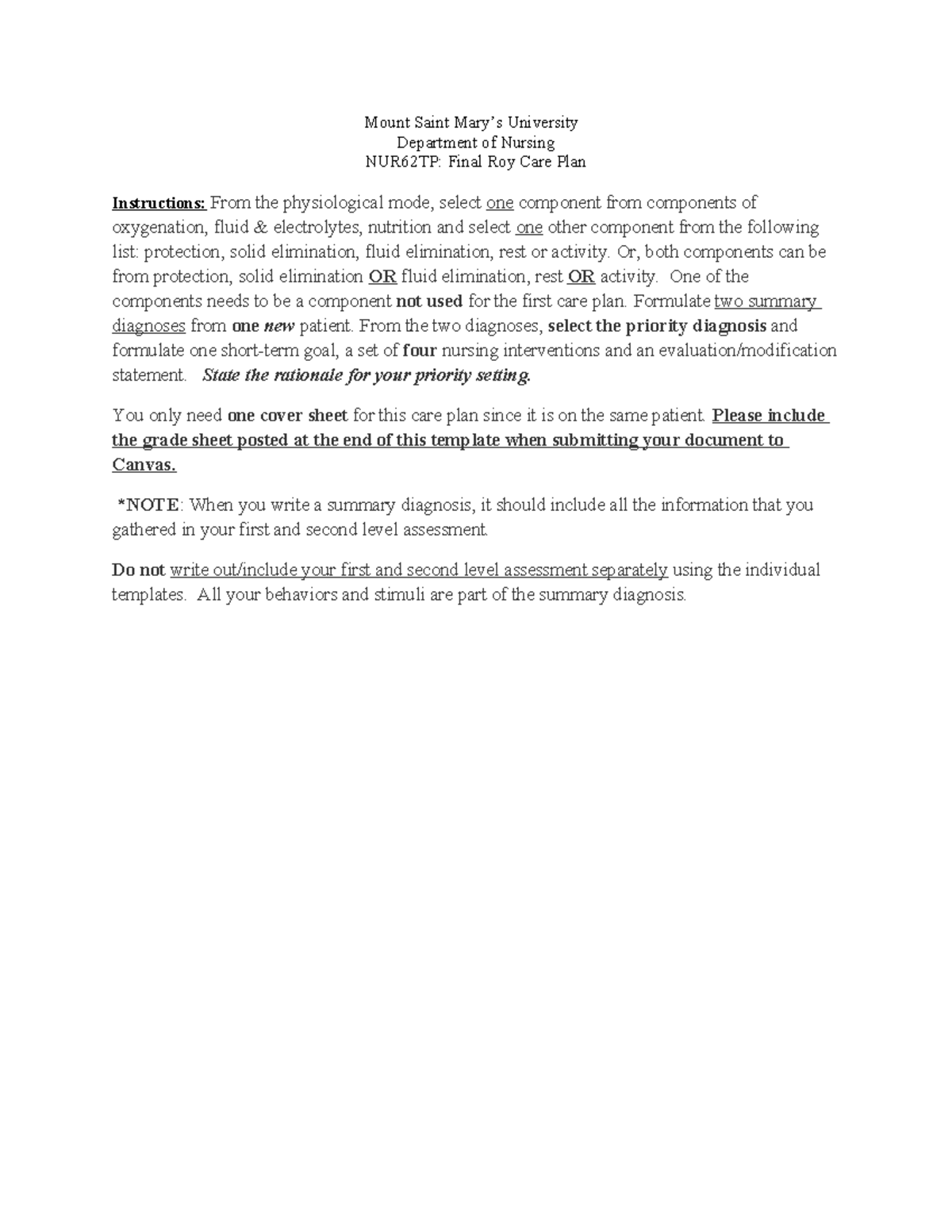 N62TP Final Roy Care Plan Template and Rubric - Mount Saint Mary’s ...