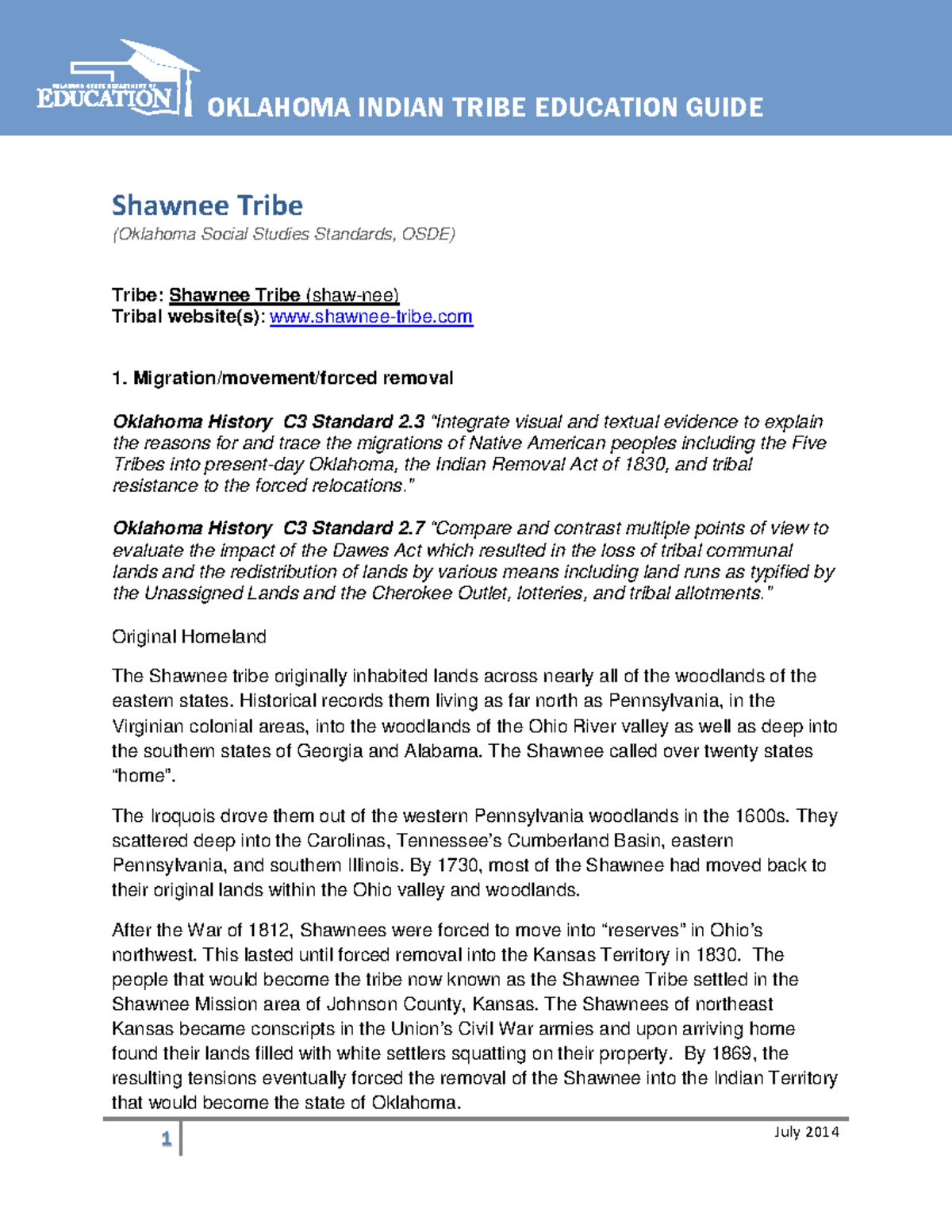 Tribes of OK Education Guide Shawnee Tribe - OKLAHOMA INDIAN TRIBE ...