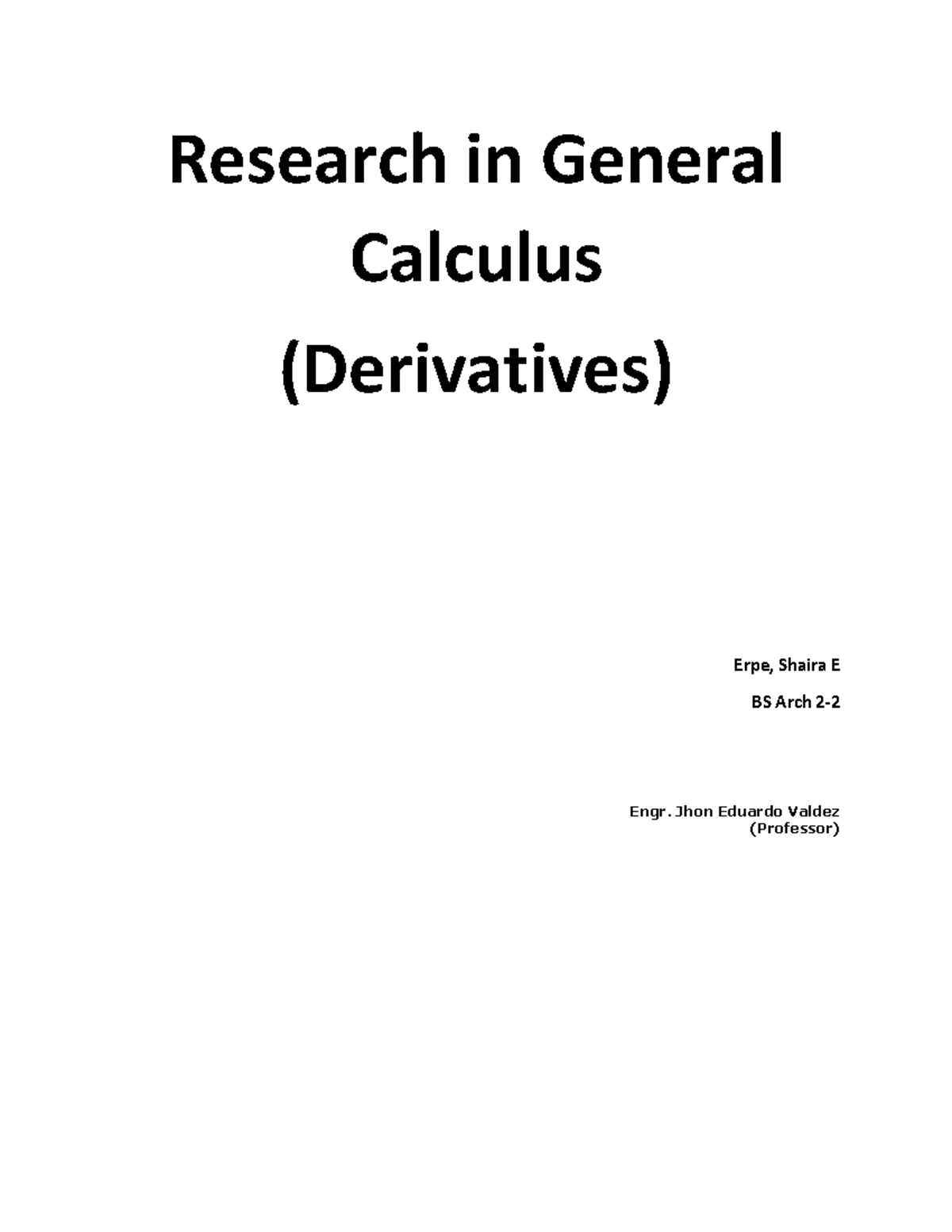 Derivatives - Research in General Calculus (Derivatives) Erpe, Shaira E ...