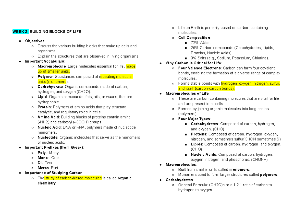 Biophys- Prelims - REVIEWER - WEEK 2: BUILDING BLOCKS OF LIFE ...