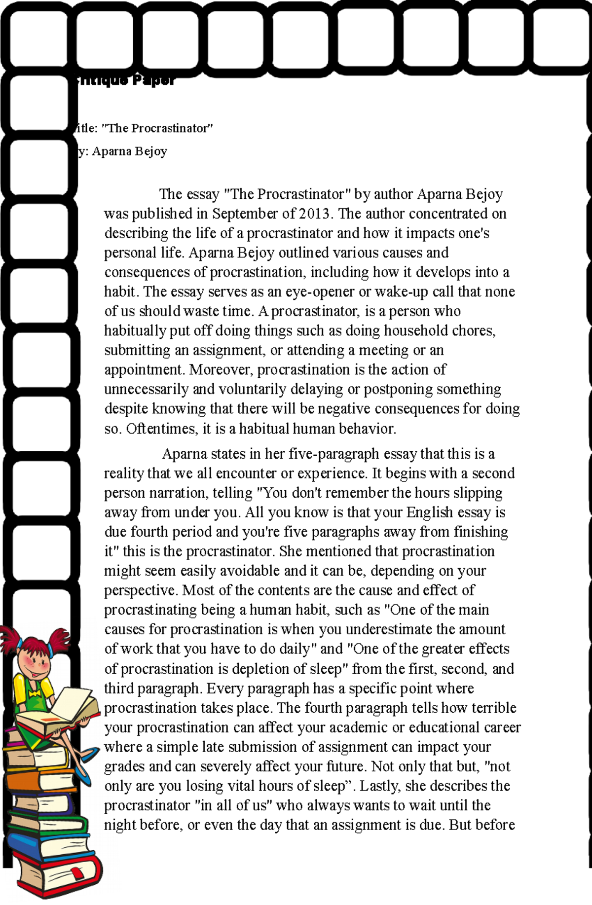 Critique Paper EL - Critique Paper Title: "The Procrastinator" By ...