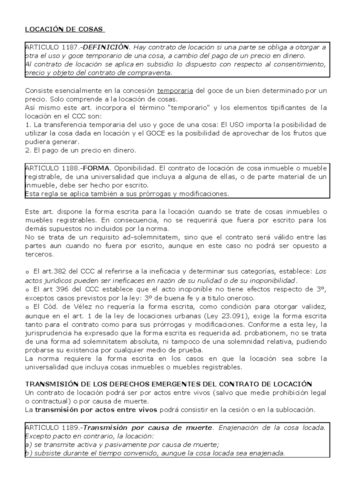 Locacion - Apuntes Locación - LOCACIÓN DE COSAS ARTICULO 1187 ...