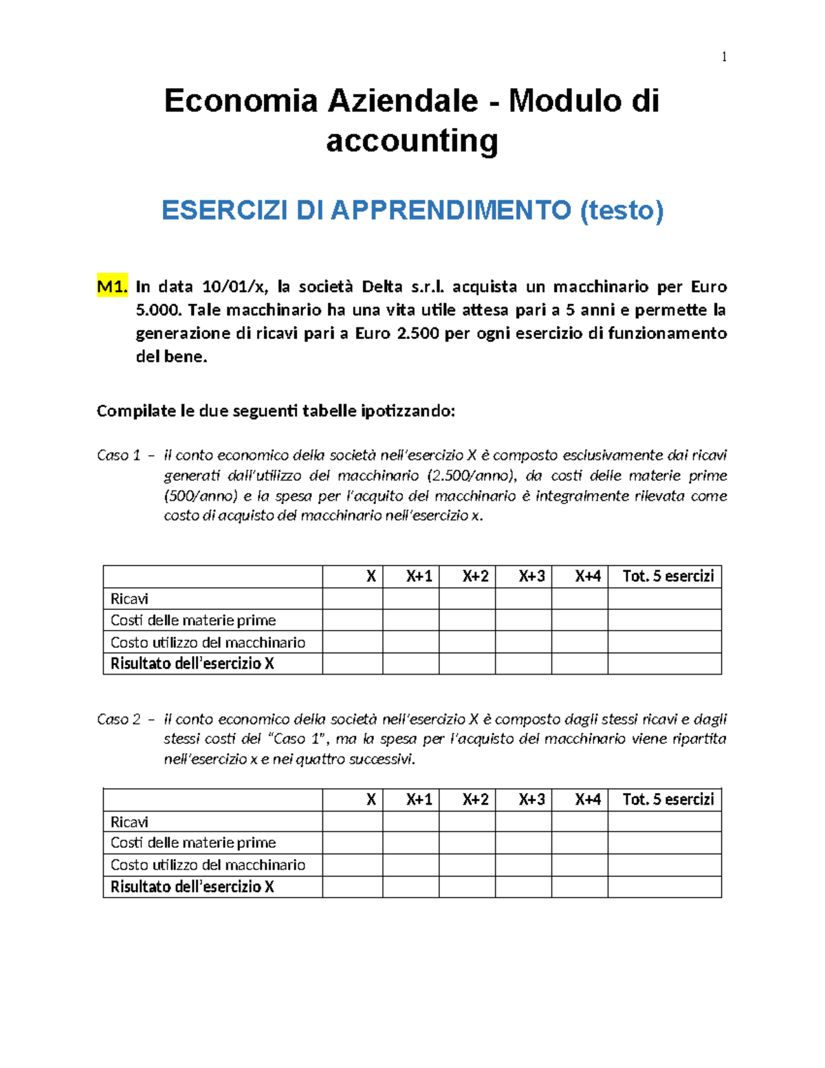 Eco 1 - simulazione esame - 1 Economia Aziendale - Modulo di accounting ...