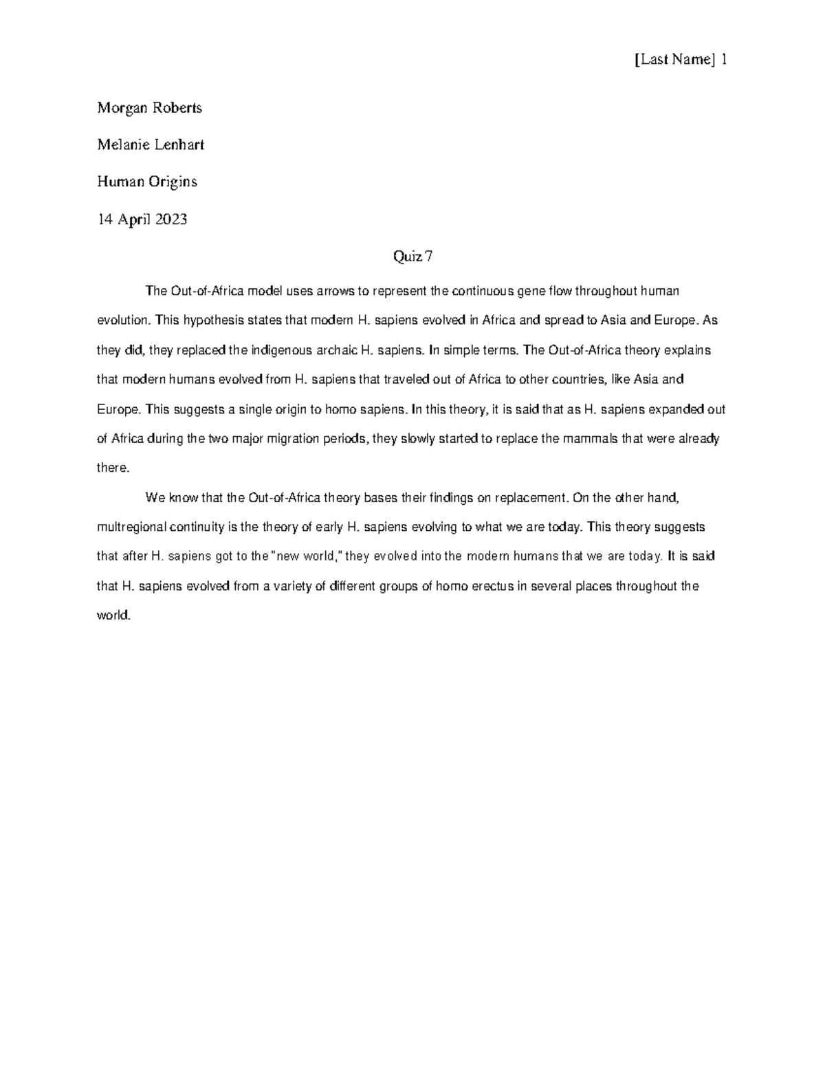Human Origins Quiz 7 - [Last Name] 1 Morgan Roberts Melanie Lenhart ...