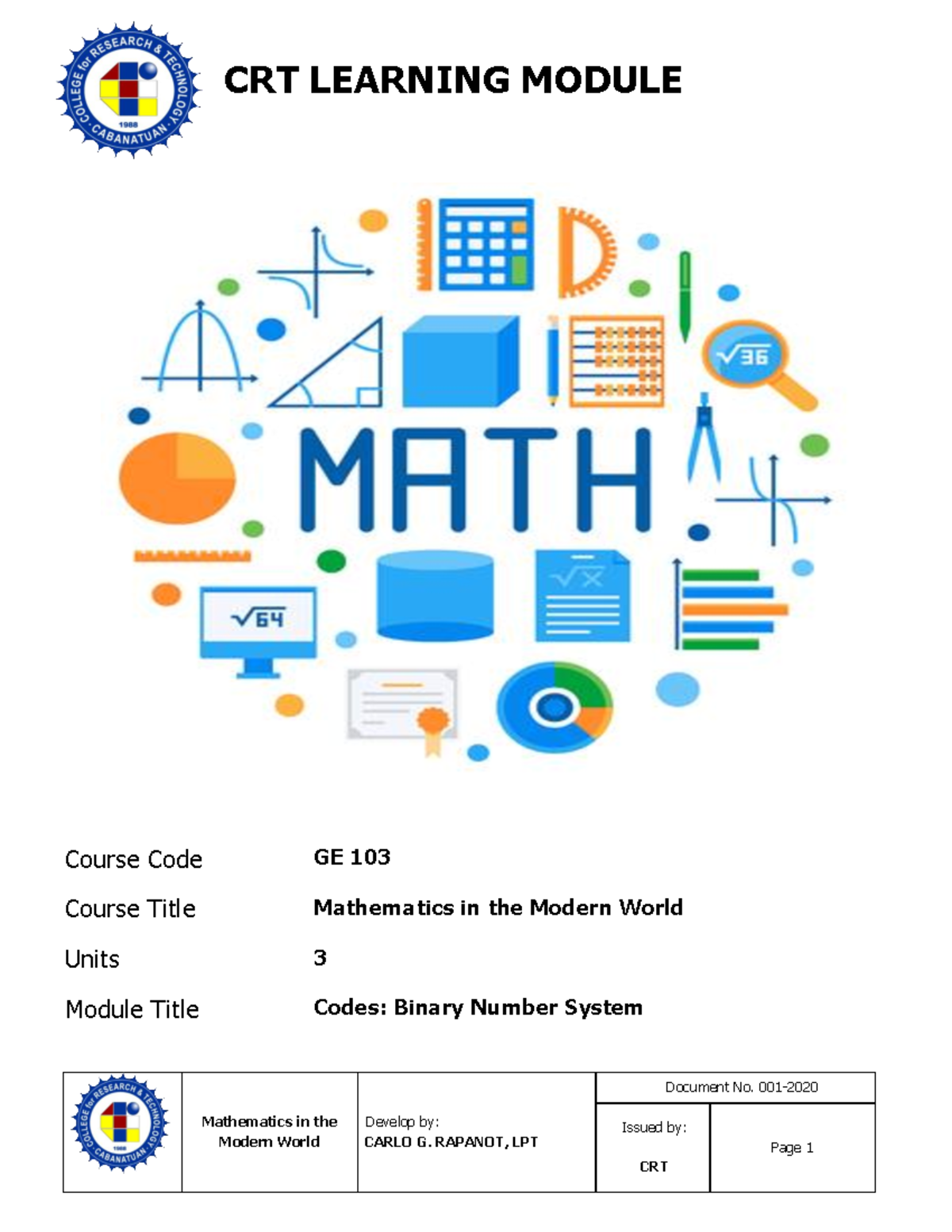 GE 103 LM 8 - Codes-Binary Number System - Mathematics in the Modern ...