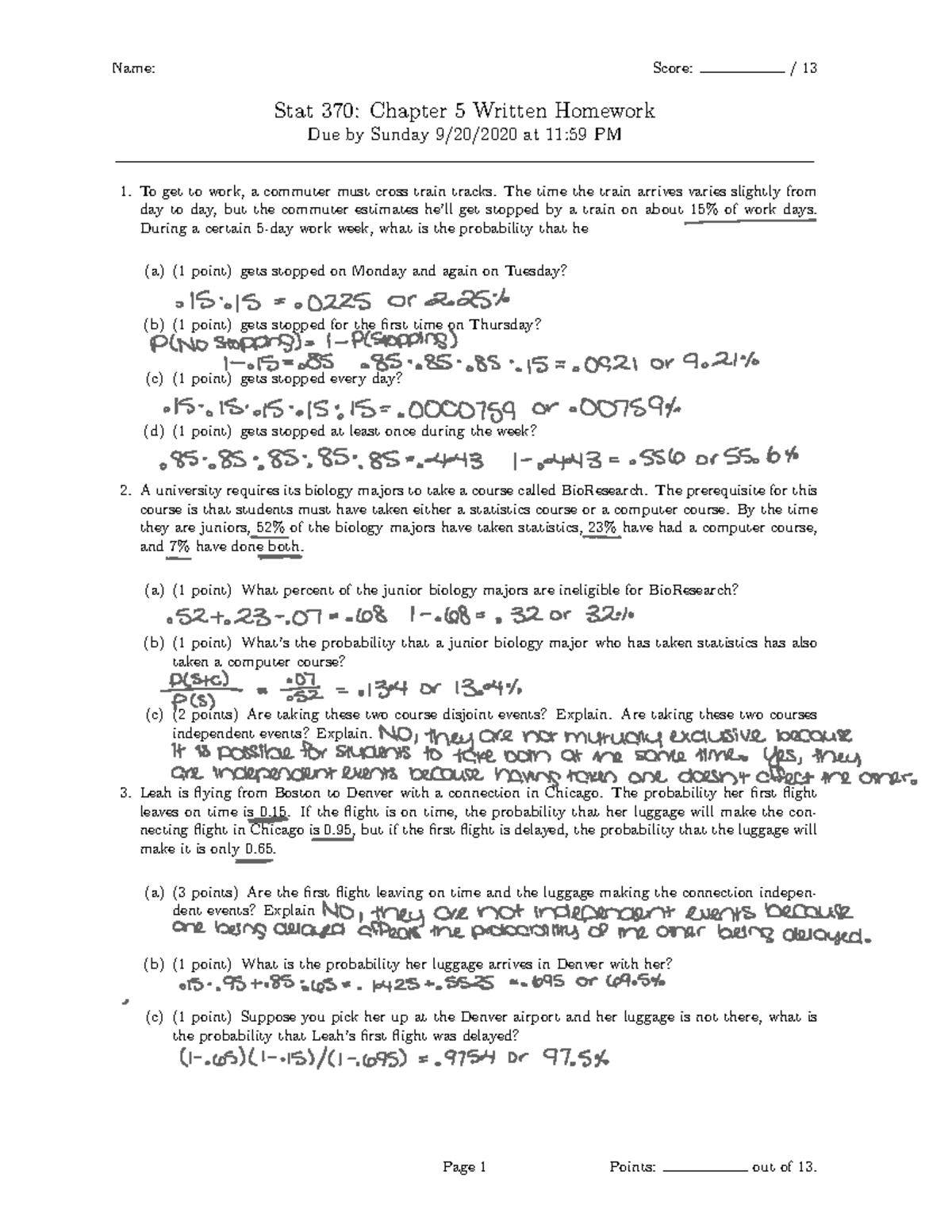 Stat 370 ch 5 written homework - Name: Score: / 13 Stat 370: Chapter 5 Written Homework Due by ...