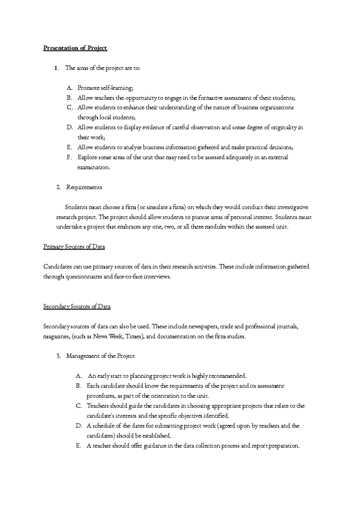 IA Notes - Presentation of Project The aims of the project are to: A ...