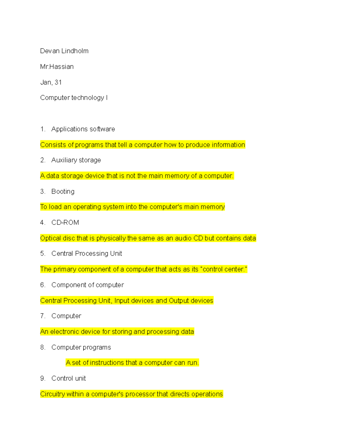 Vocab Rvrevrebbr Devan Lindholm Mr Jan 31 Computer Technology I 