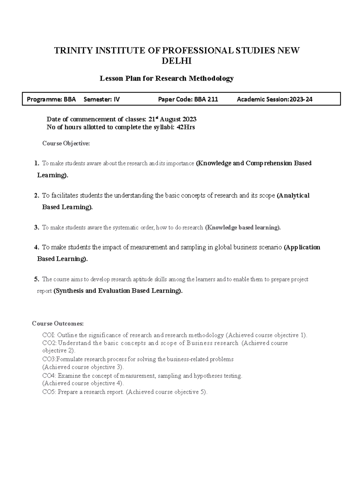 Lesson Plan RM - TRINITY INSTITUTE OF PROFESSIONAL STUDIES NEW DELHI ...