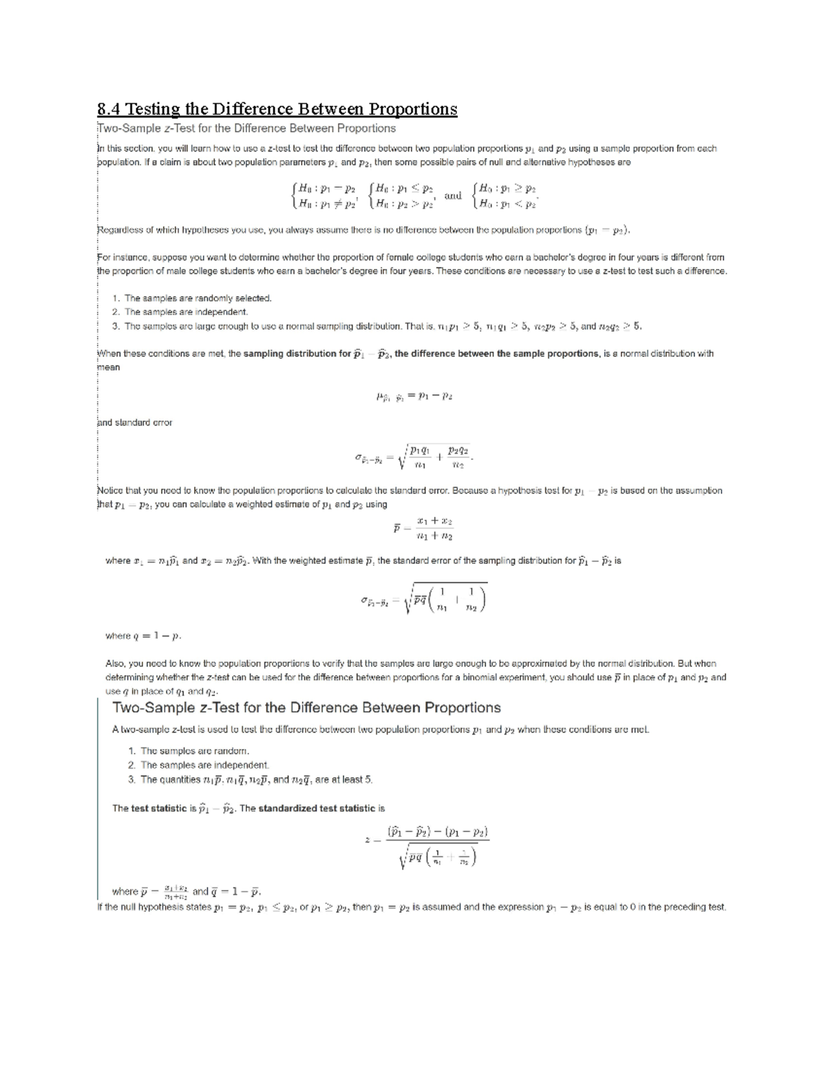 8.4 stats - Math 216 - 8 Testing the Difference Between Proportions ...