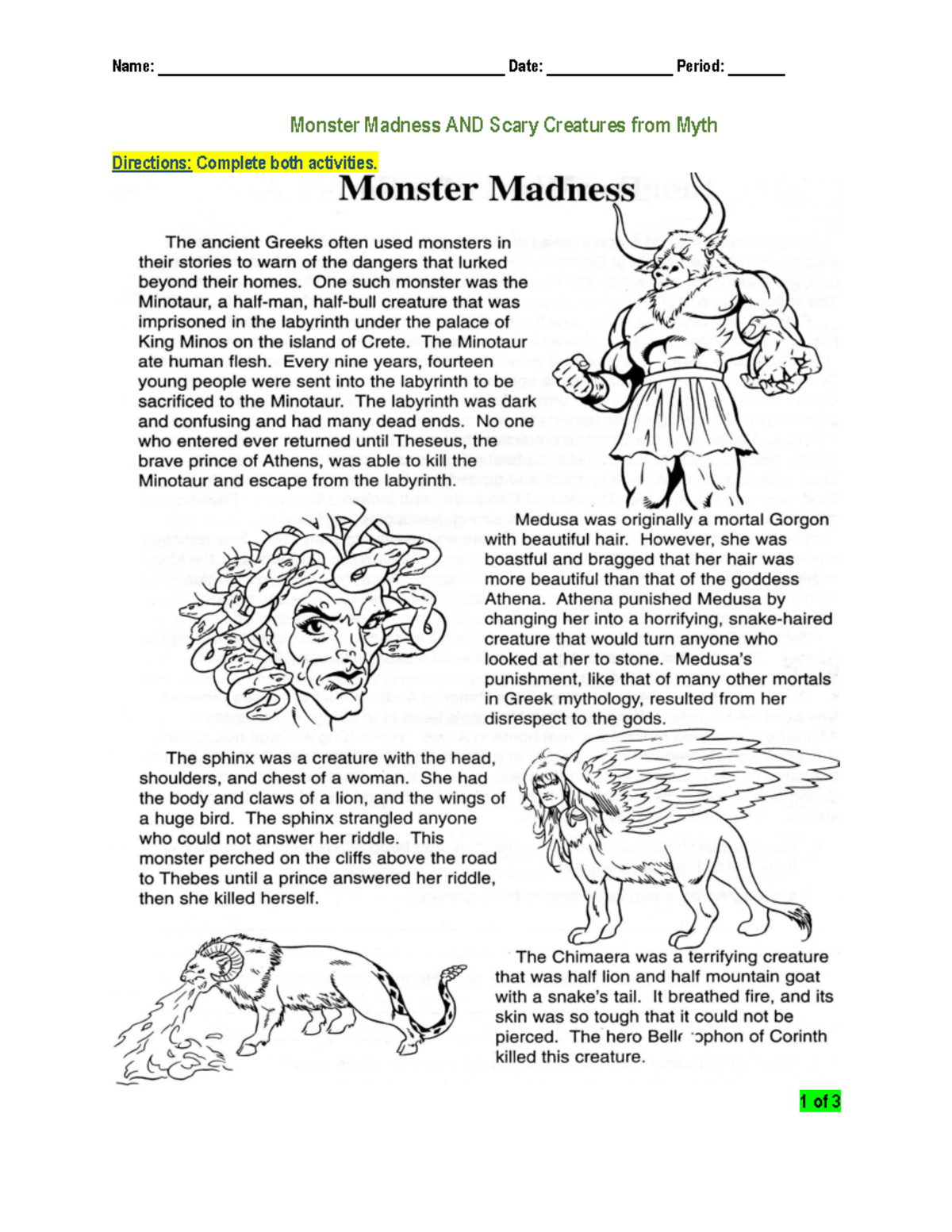 Monster Madness Scary Creatures from Myth - Name: Date: Period: Monster ...