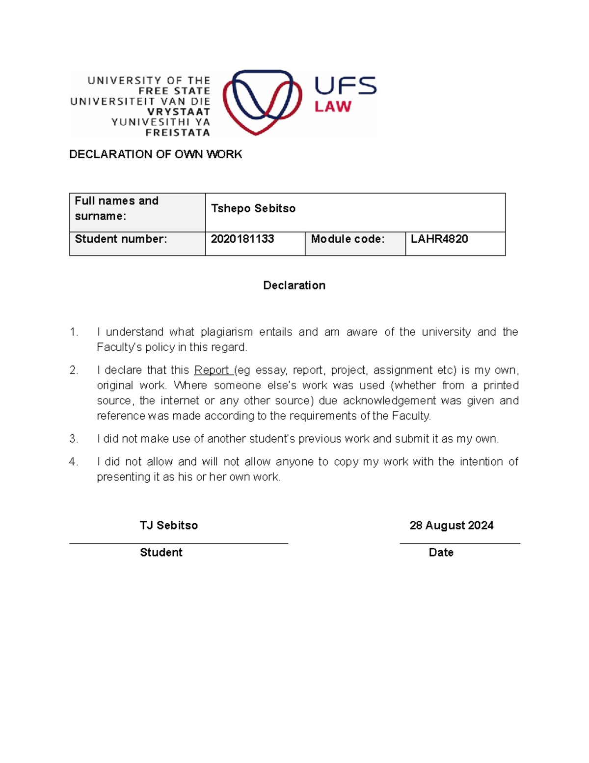 Summary 2.LAHR 4810 - practice material - DECLARATION OF OWN WORK Full ...