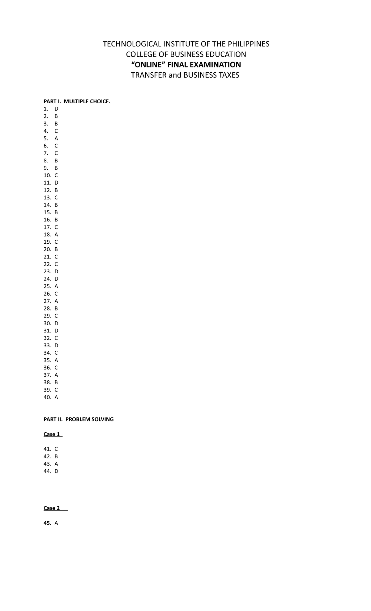 2021 Revised Final EXAM - KEYS - PART I. MULTIPLE CHOICE. 1. D 2. B 3 ...