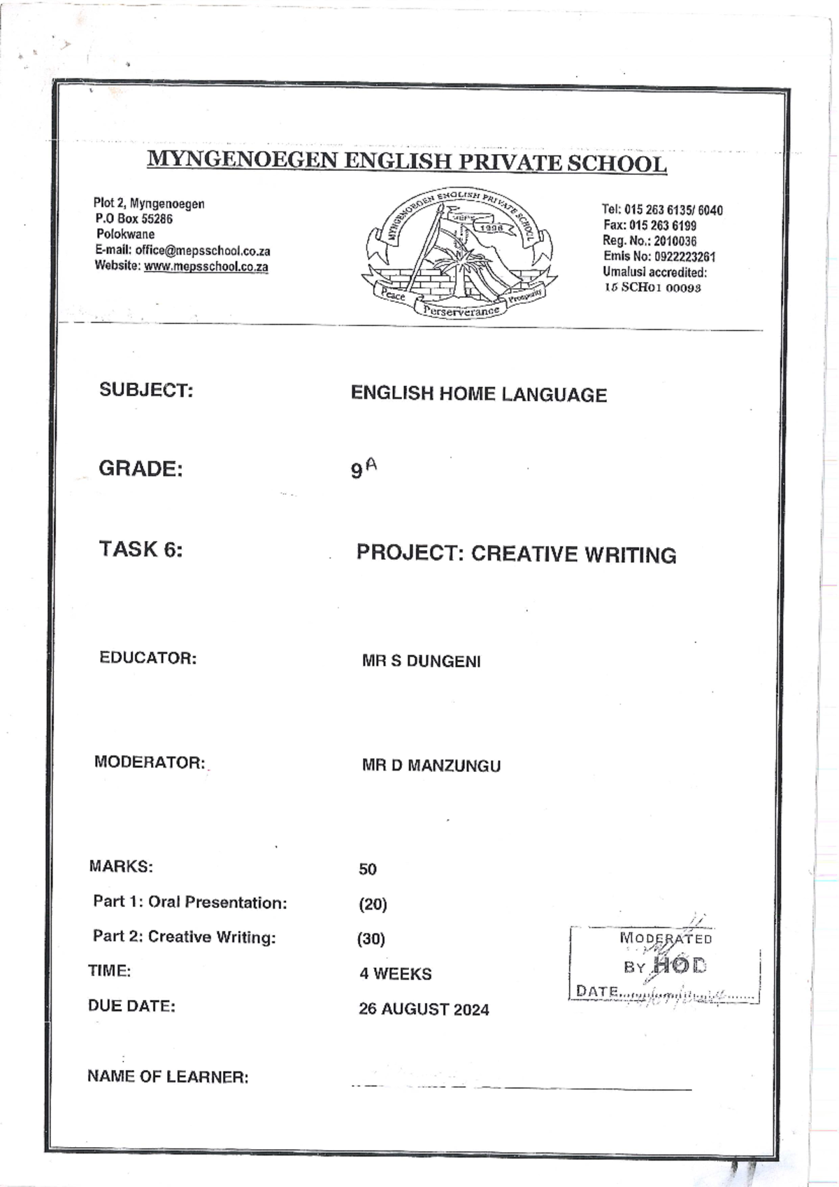 English HL Home Language Project Grade 9 - MYNGENOEGEN ENGLISH PRIVATE ...