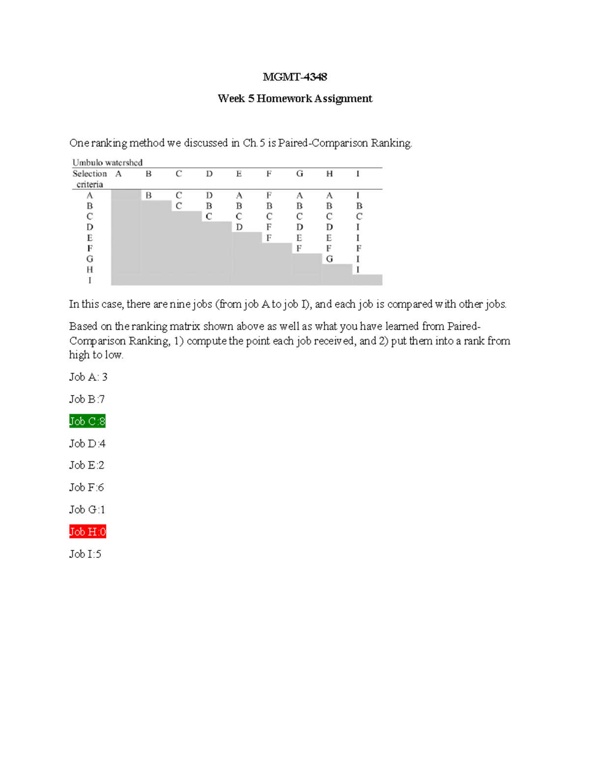 MGMT-4348 Week 5 HW - Homework week 5 - MGMT- Week 5 Homework Assignment One ranking method we ...