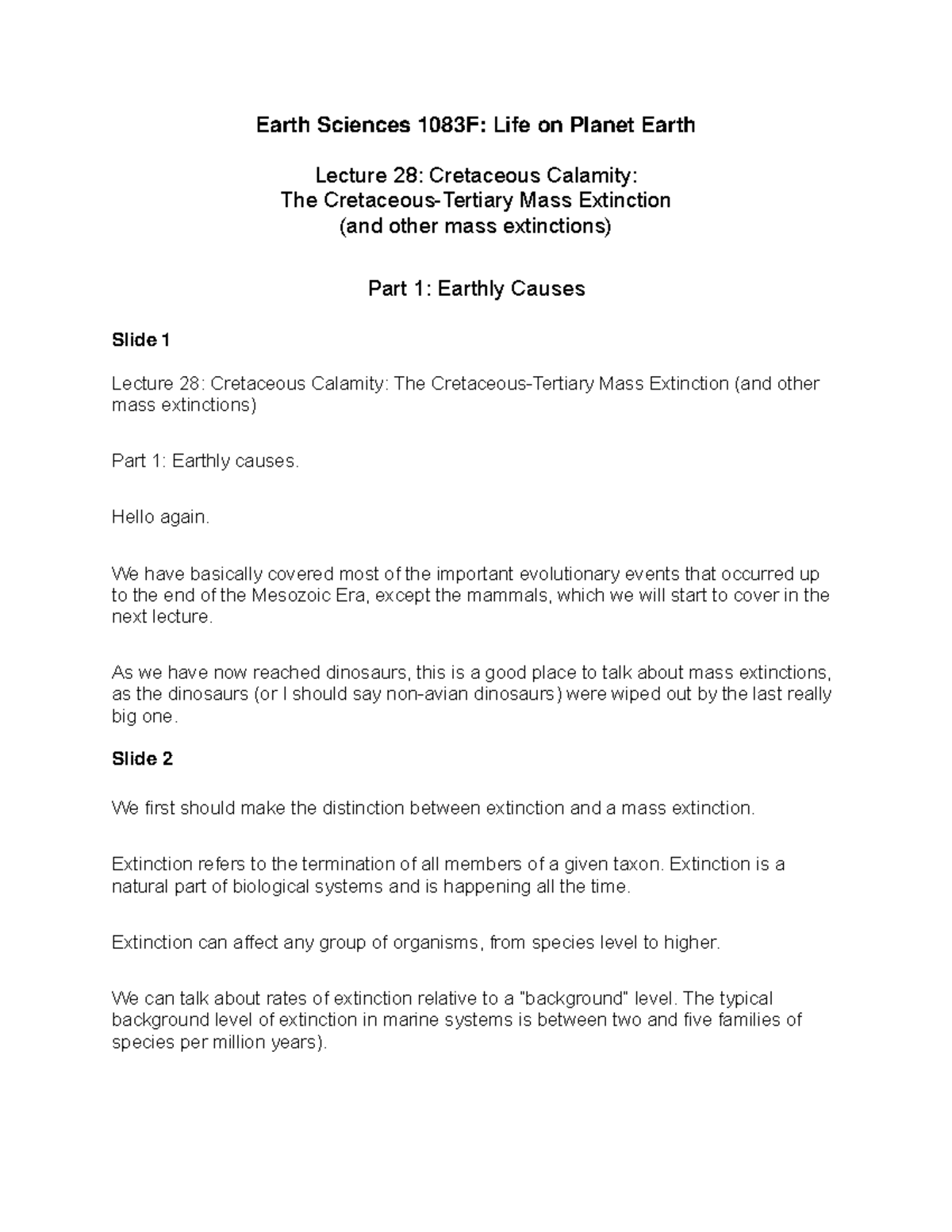 ES1083F Lecture 28 transcriptscombined - Earth Sciences 1083F: Life on ...