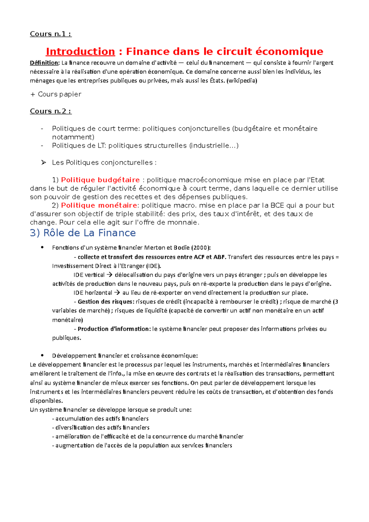 Cours Finance - Cours n : Introduction : Finance dans le circuit ...