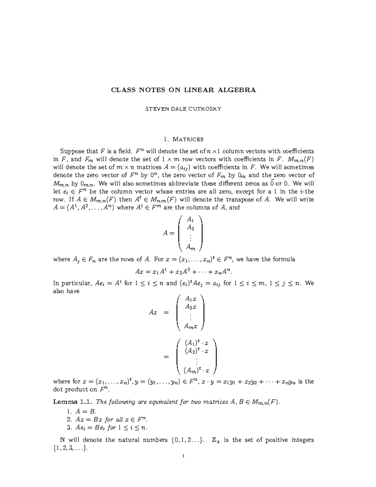 Class notes on linear algebra - CLASS NOTES ON LINEAR ALGEBRA STEVEN ...