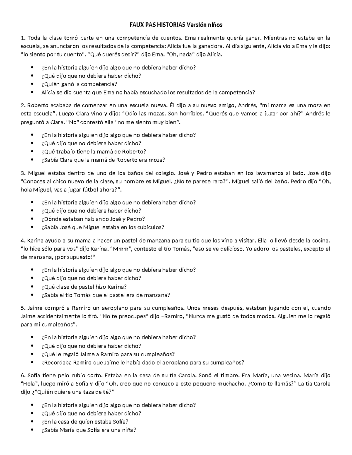 FAUX PAS Historias Version ninos - FAUX PAS HISTORIAS Versión niños 1 ...