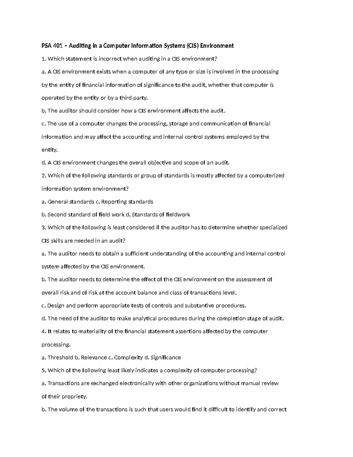 Auditing Theory CIS Environment - PSA 401 – Auditing in a Computer Information Systems (CIS ...