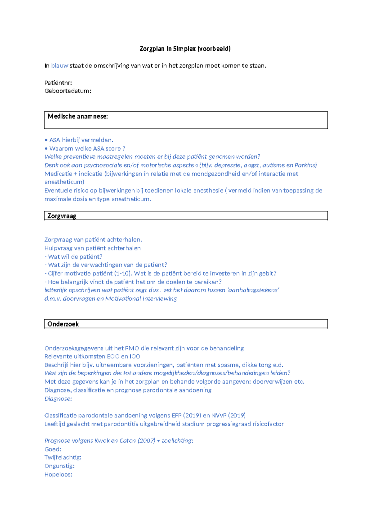 Leeg Zorgplan - ietsietss - Zorgplan in Simplex (voorbeeld) In blauw ...