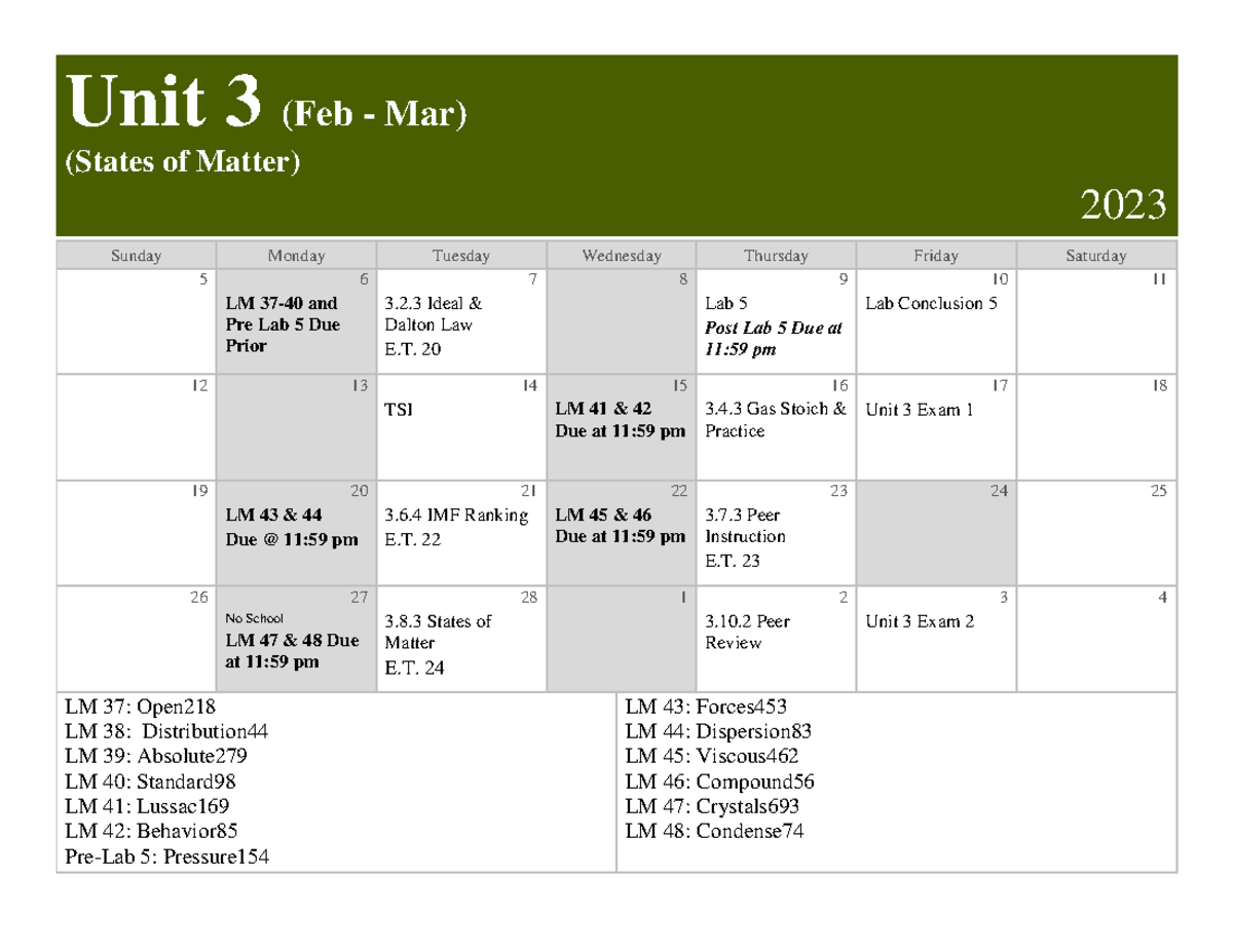 Unit 3 Calendar - Unit 3 (Feb - Mar) (States of Matter) 2023 Sunday ...