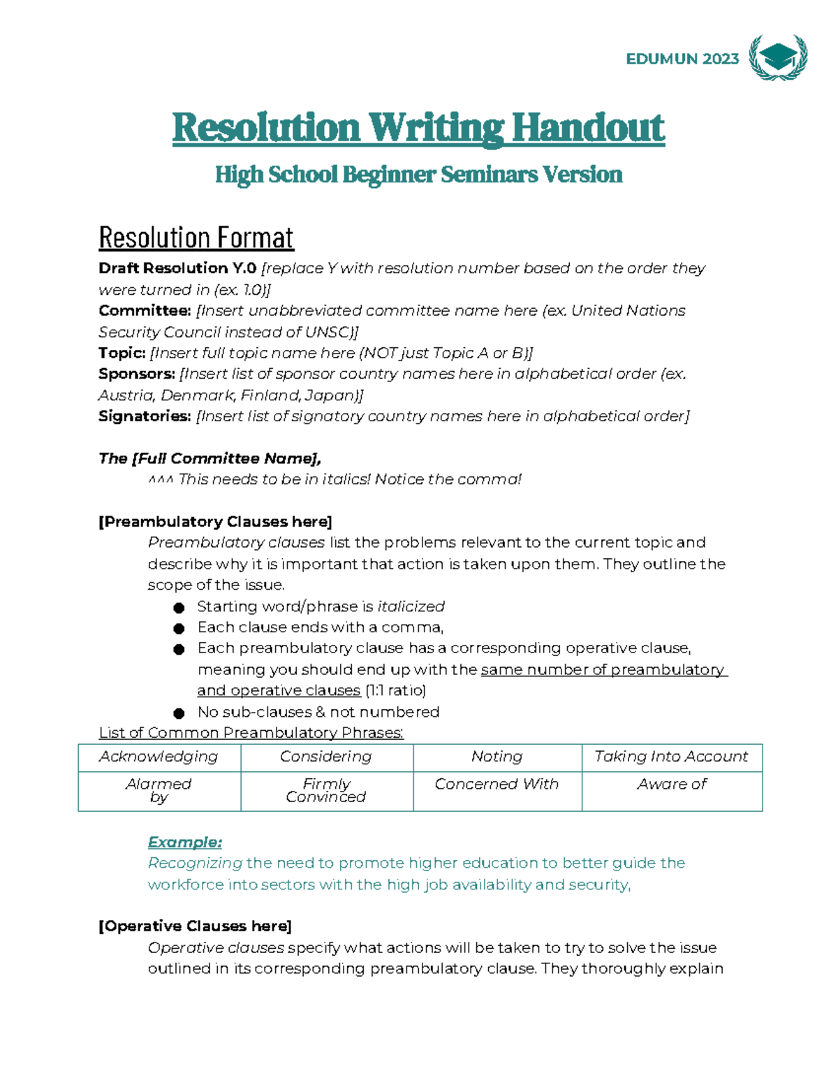 Resolution Writing Handout - EDUMUN 2023 Resolution Writing Handout ...