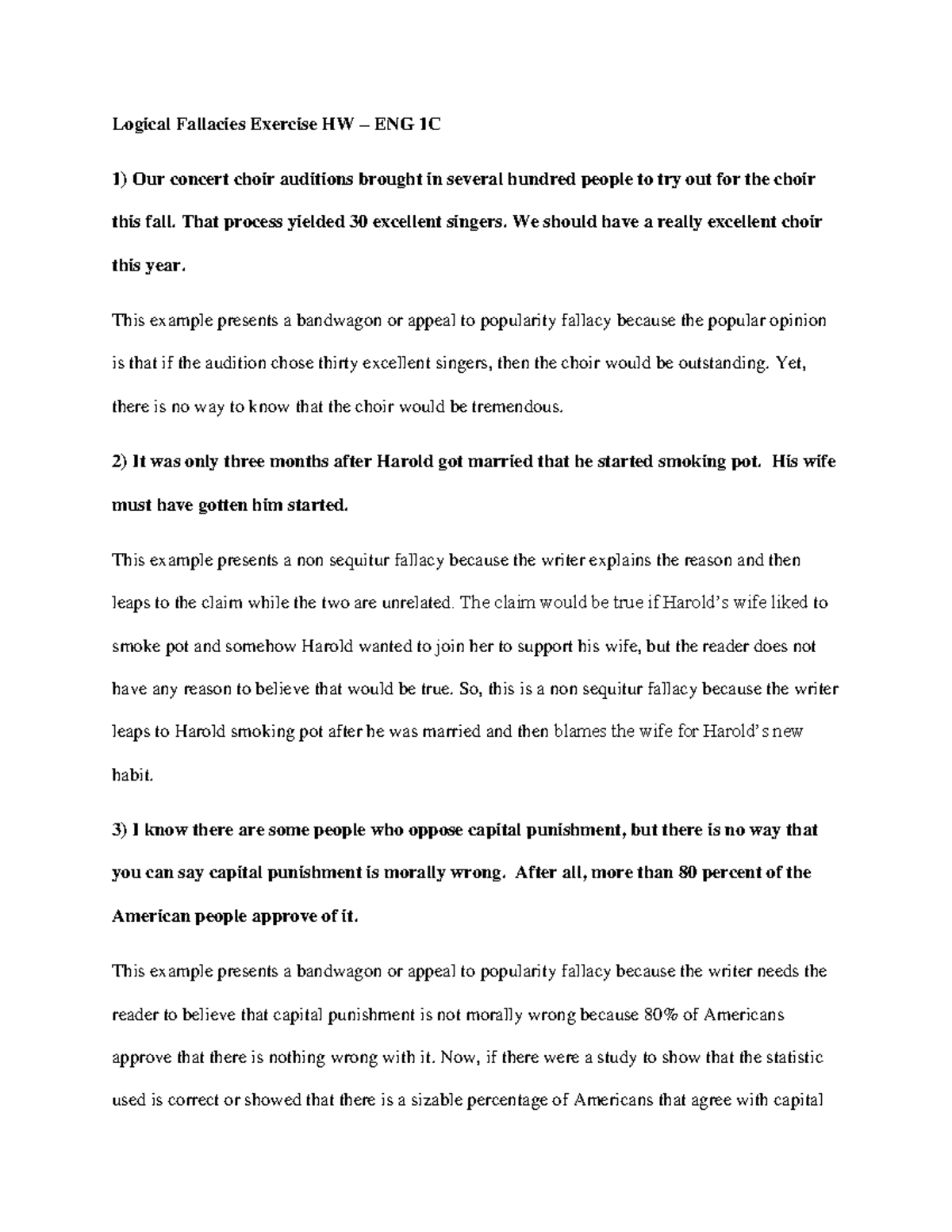 Clear Thinking in Writing - Logical Fallacies Exercise HW - Logical ...