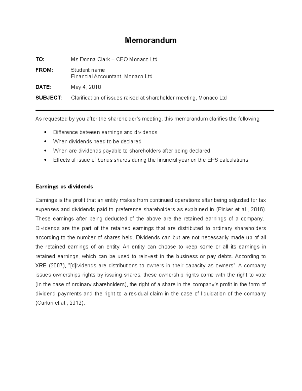 Sample memo report 1 - assessment samole - Memorandum TO: Ms Donna ...
