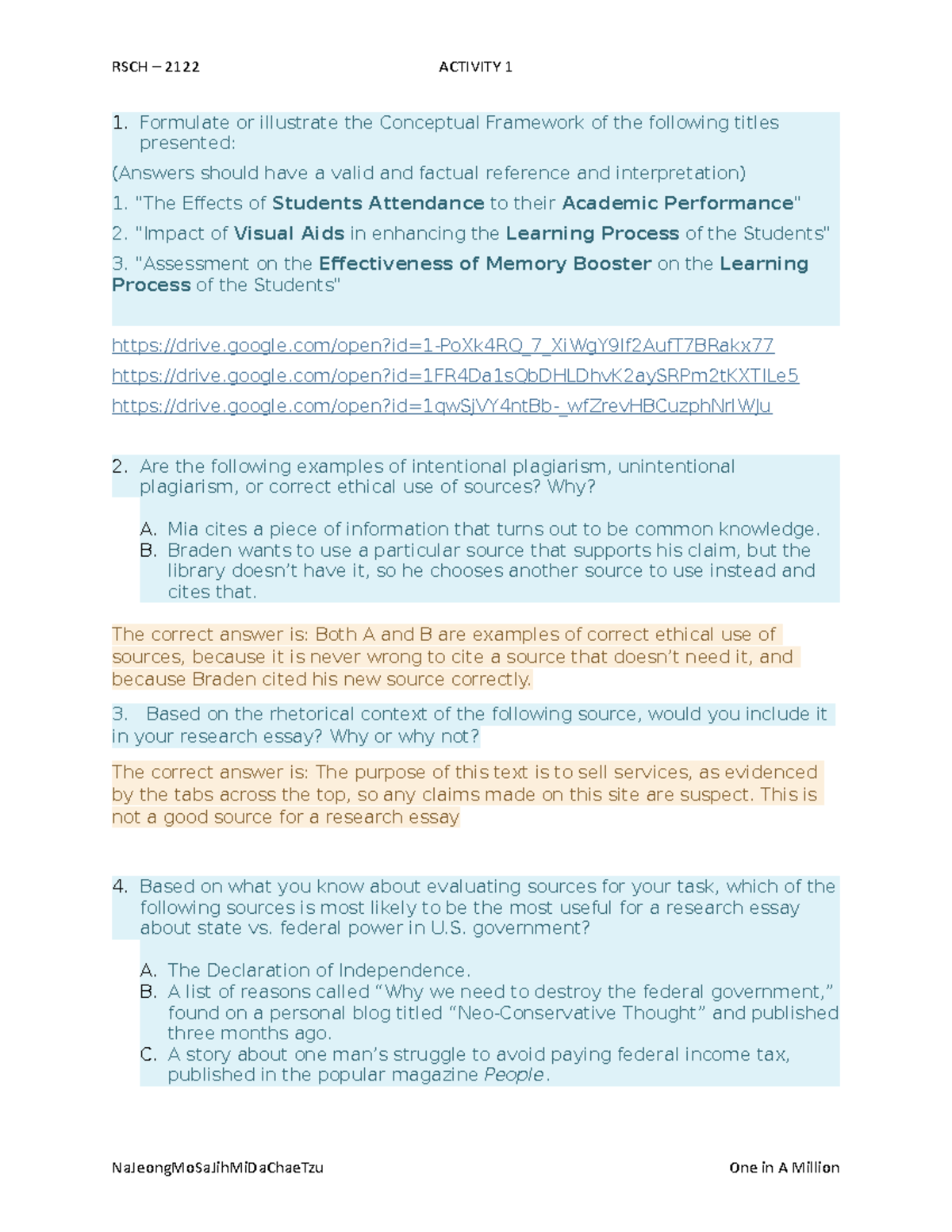RSCH - 2122 Activity 1 - answer key - Formulate or illustrate the ...