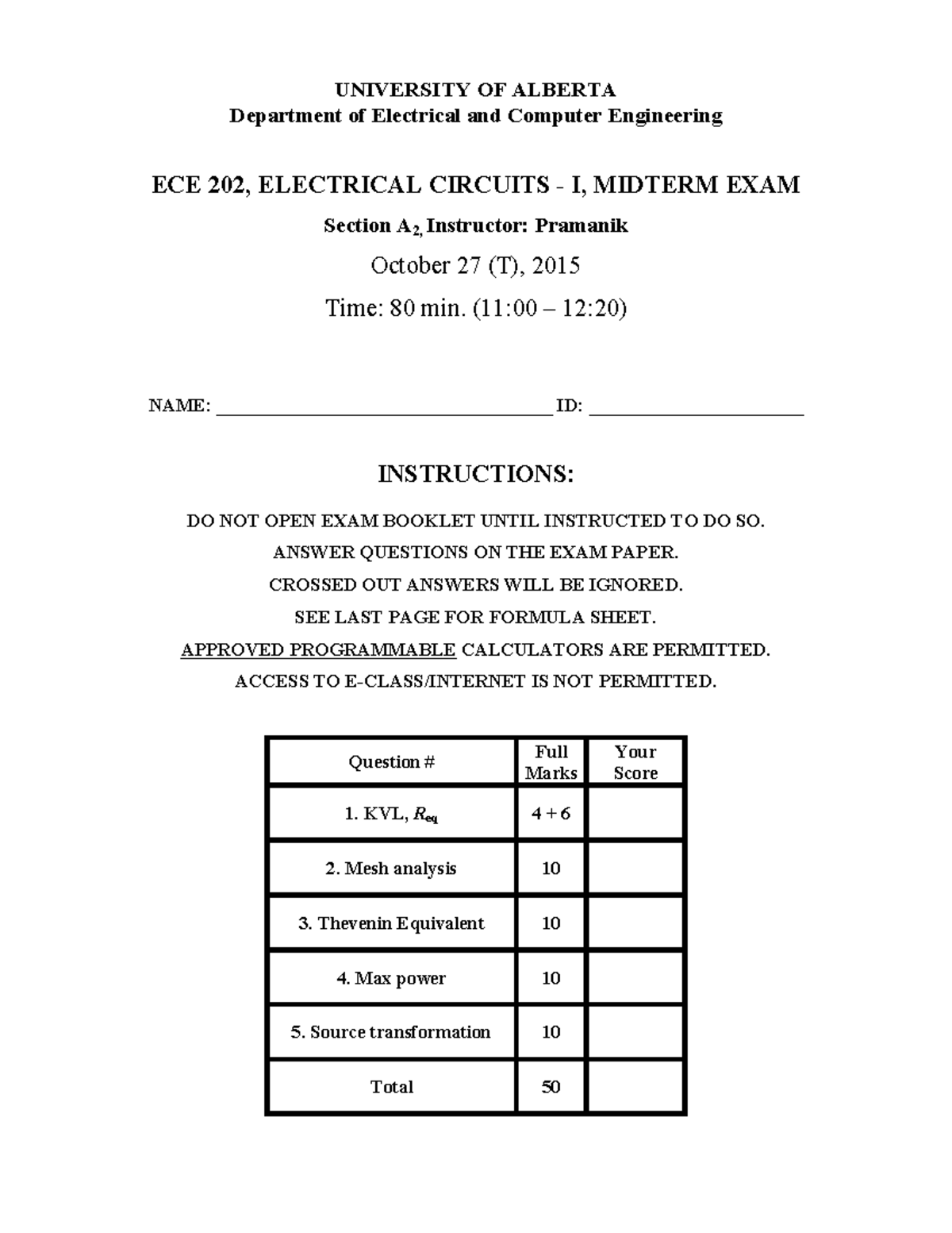 ECE 202 Fall 2015 midterm exam - UNIVERSITY OF ALBERTA Department of ...