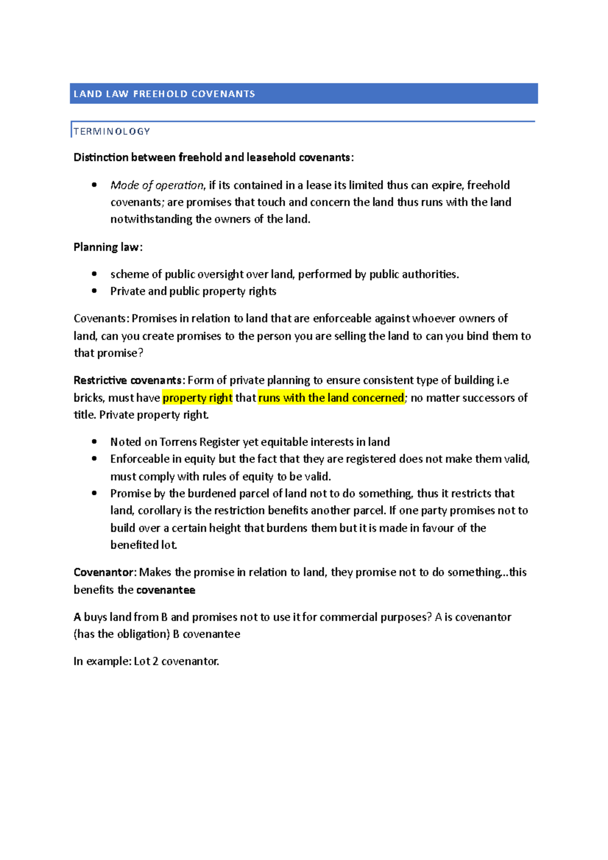 Land l AW Freehold covenants - LAND LAW FREEHOLD COVENANTS TERMINOLOGY ...