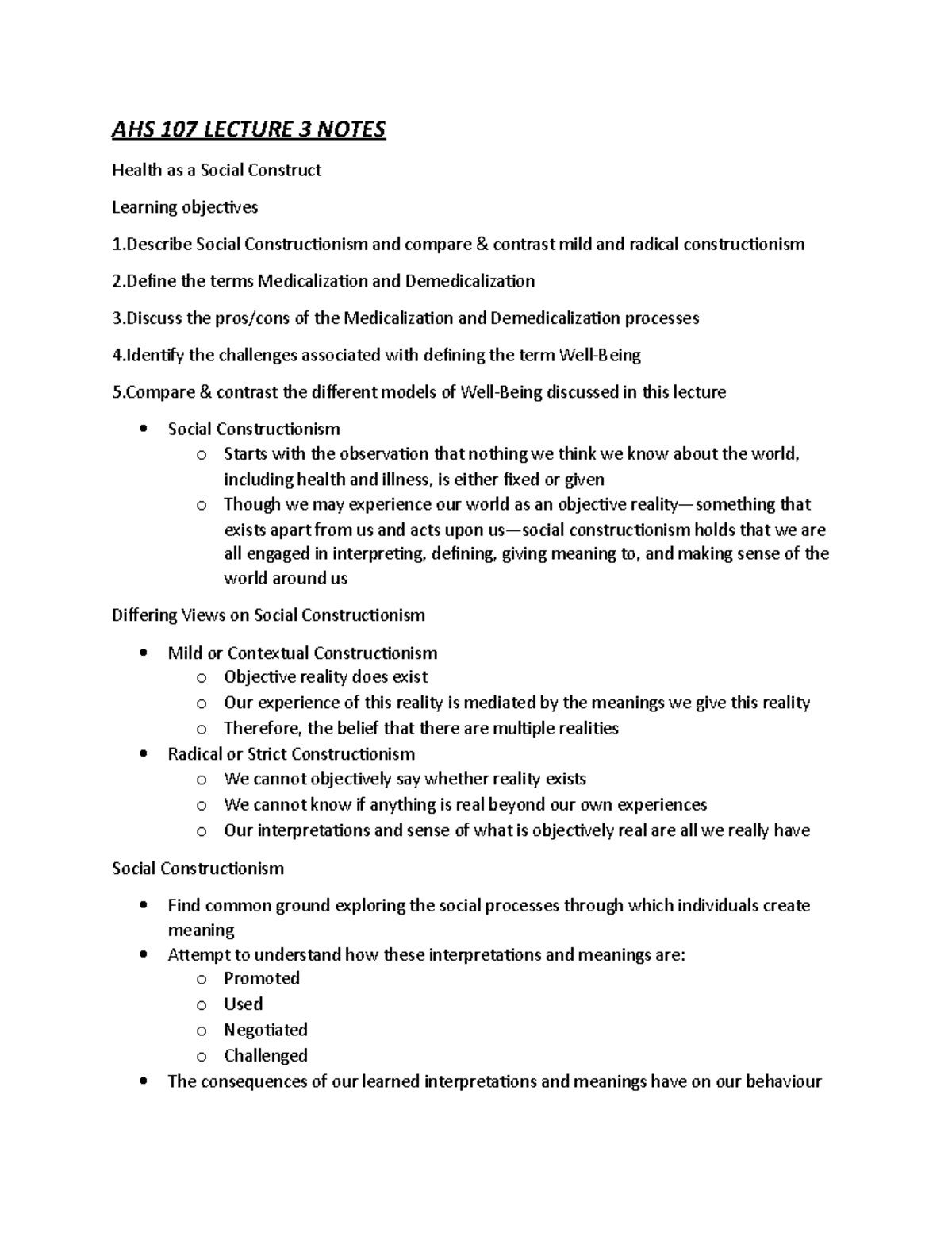 AHS 107 Lecture 3 Notes - AHS 107 LECTURE 3 NOTES Health as a Social ...
