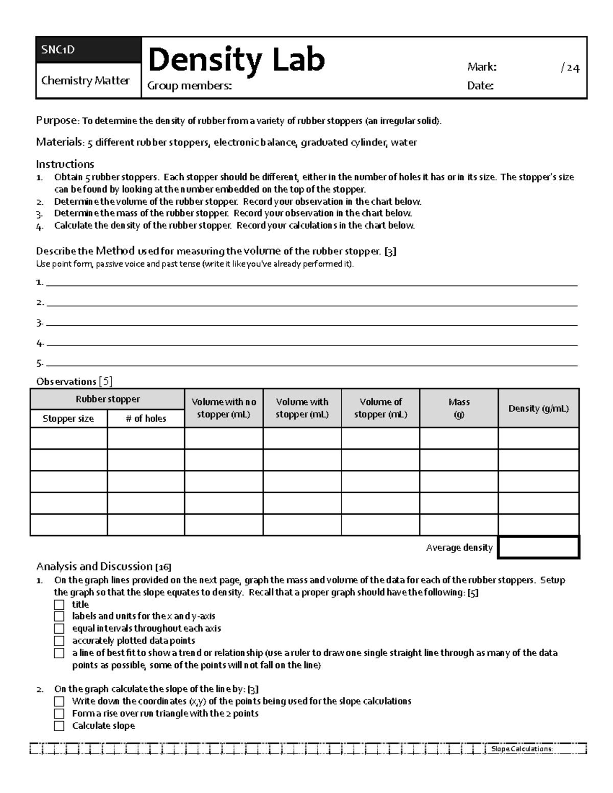 03 Density Lab - NotesNotes - SNC1D Density Lab Mark: / 24 Chemistry ...